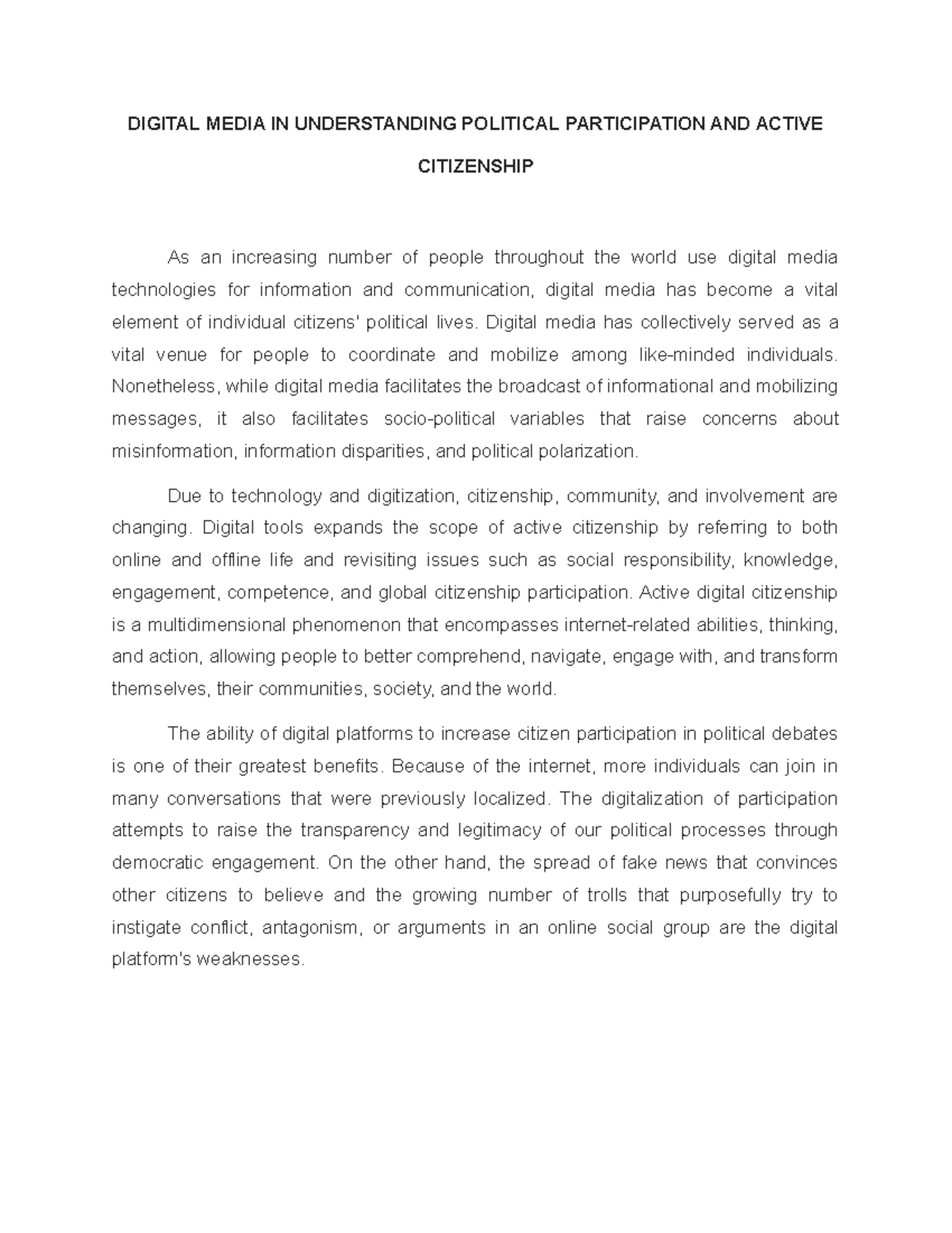 Digital Media IN Understanding Political Participation AND Active ...