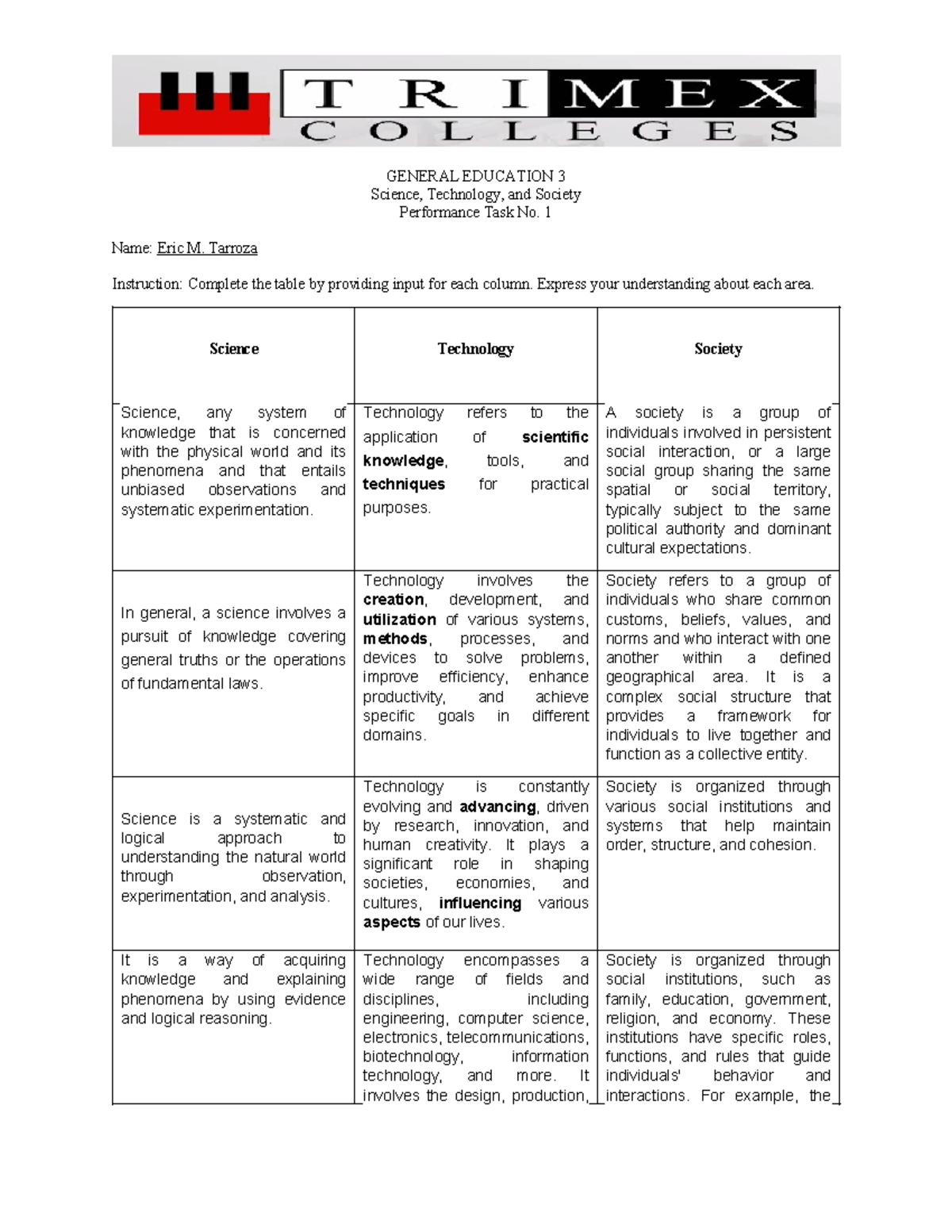 Eric Tarroza - GE-3- Performance TASK NO - GENERAL EDUCATION 3 Science ...