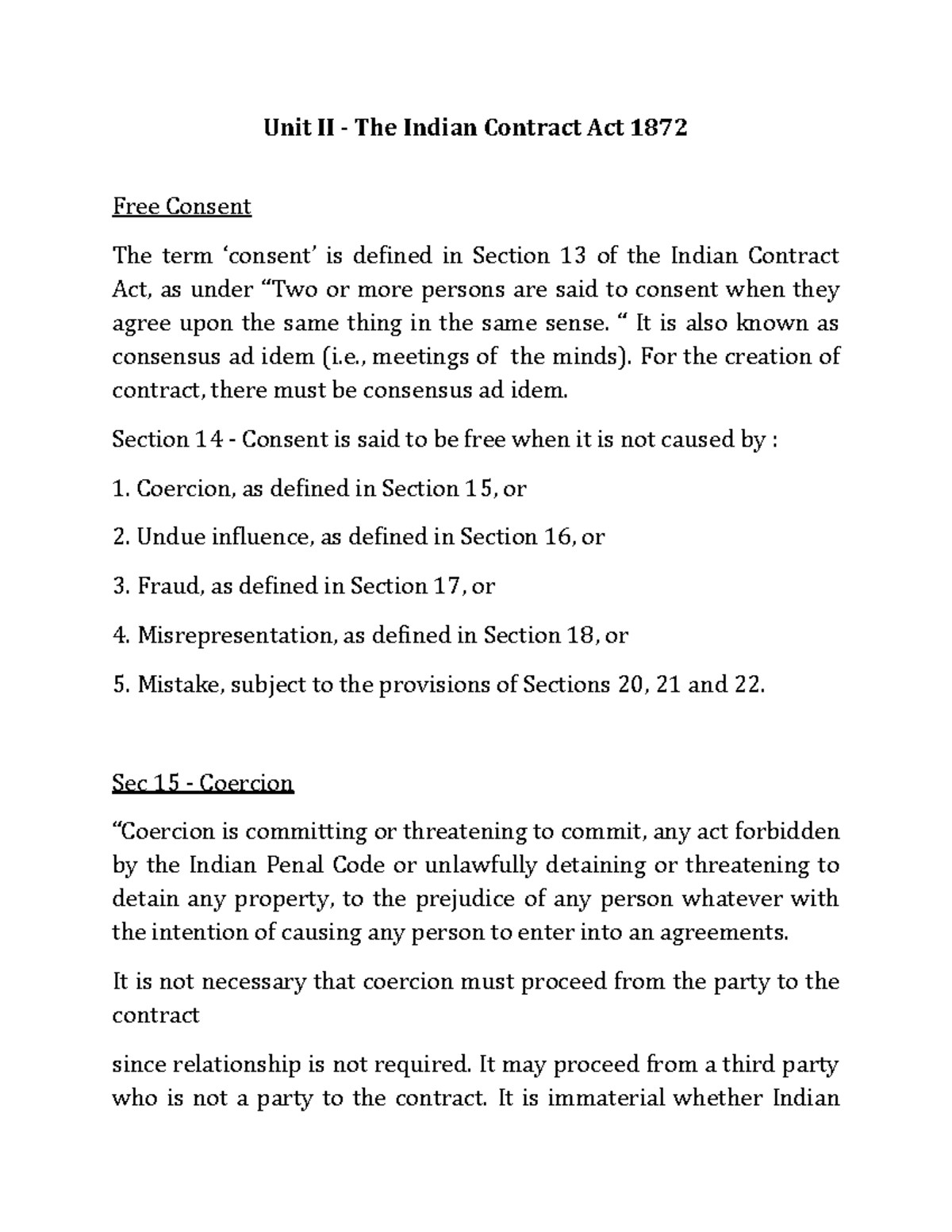 Unit - II - The Indian Contract Act 1872 - “ It is also known as ...
