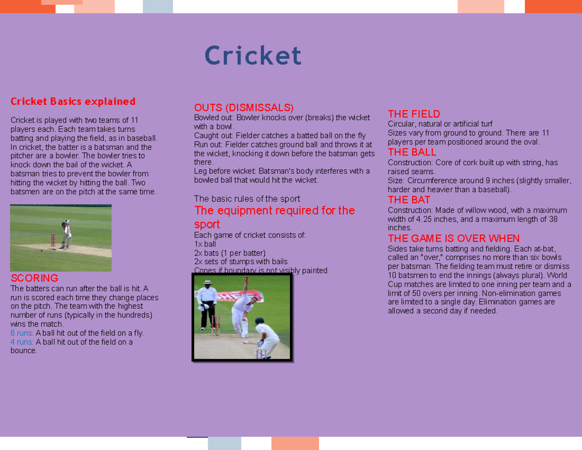 Cricket Sport card - A spread of assignment work from 16 different ...