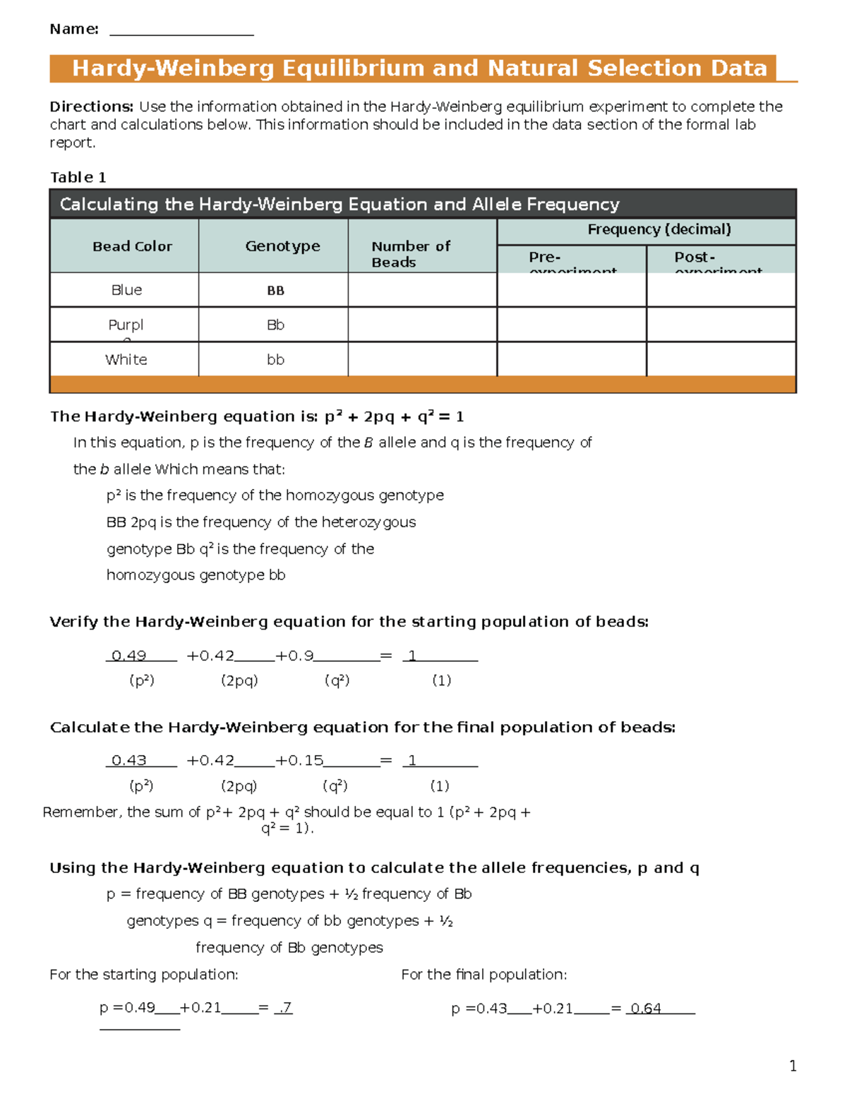 Worksheet Hardy-Weinberg - Directions: Use the information obtained in ...
