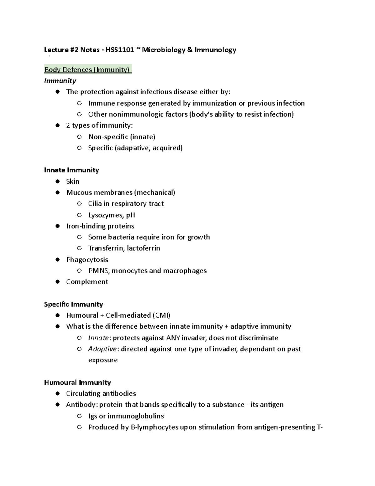 2 Lec 2 Notes: Body Defences (Immunity) - Lecture #2 Notes - HSS1101 ...
