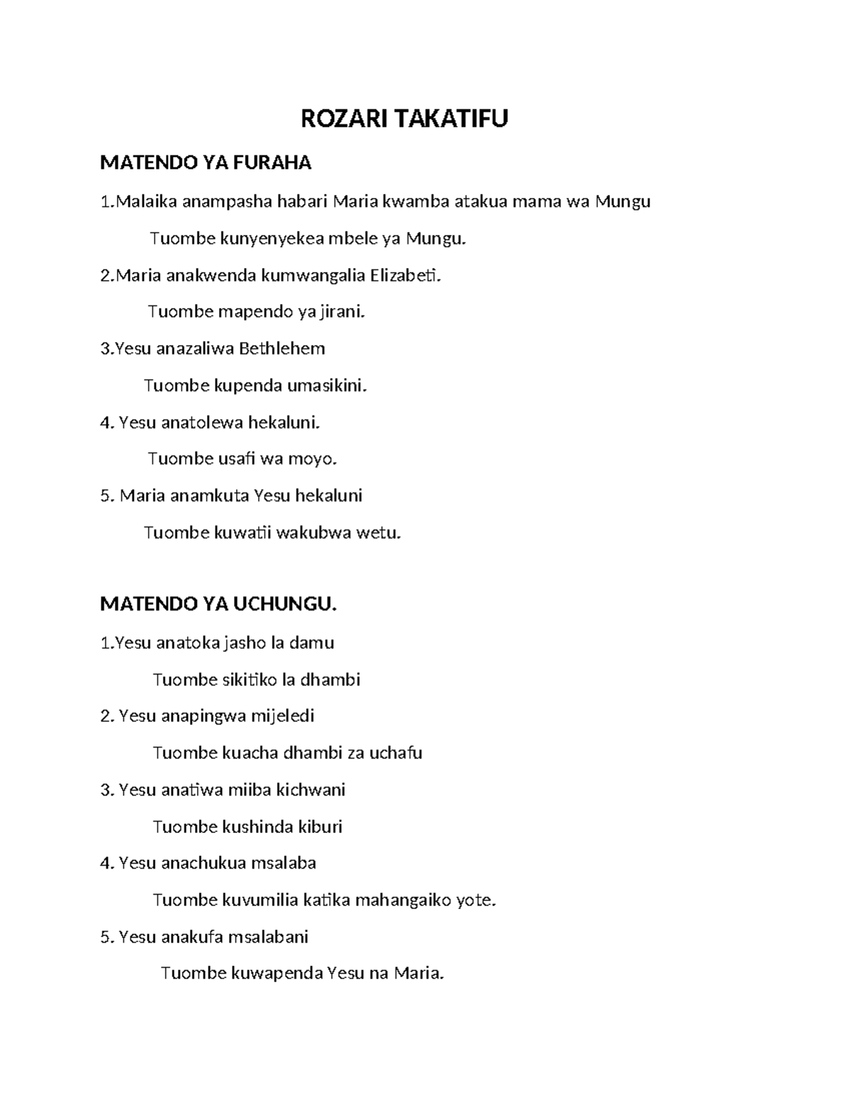 Rozari Takatifu - to be tried by students - ROZARI TAKATIFU MATENDO YA ...