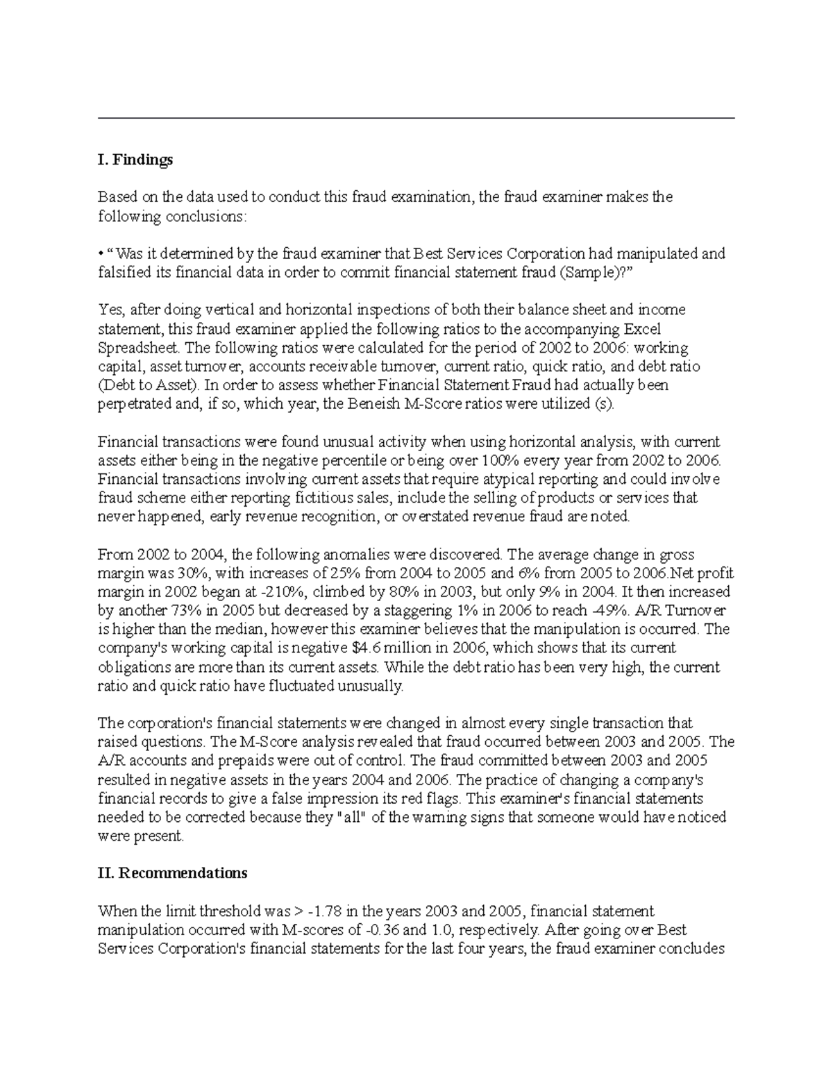 Financial Statment Fraud - I. Findings Based on the data used to ...