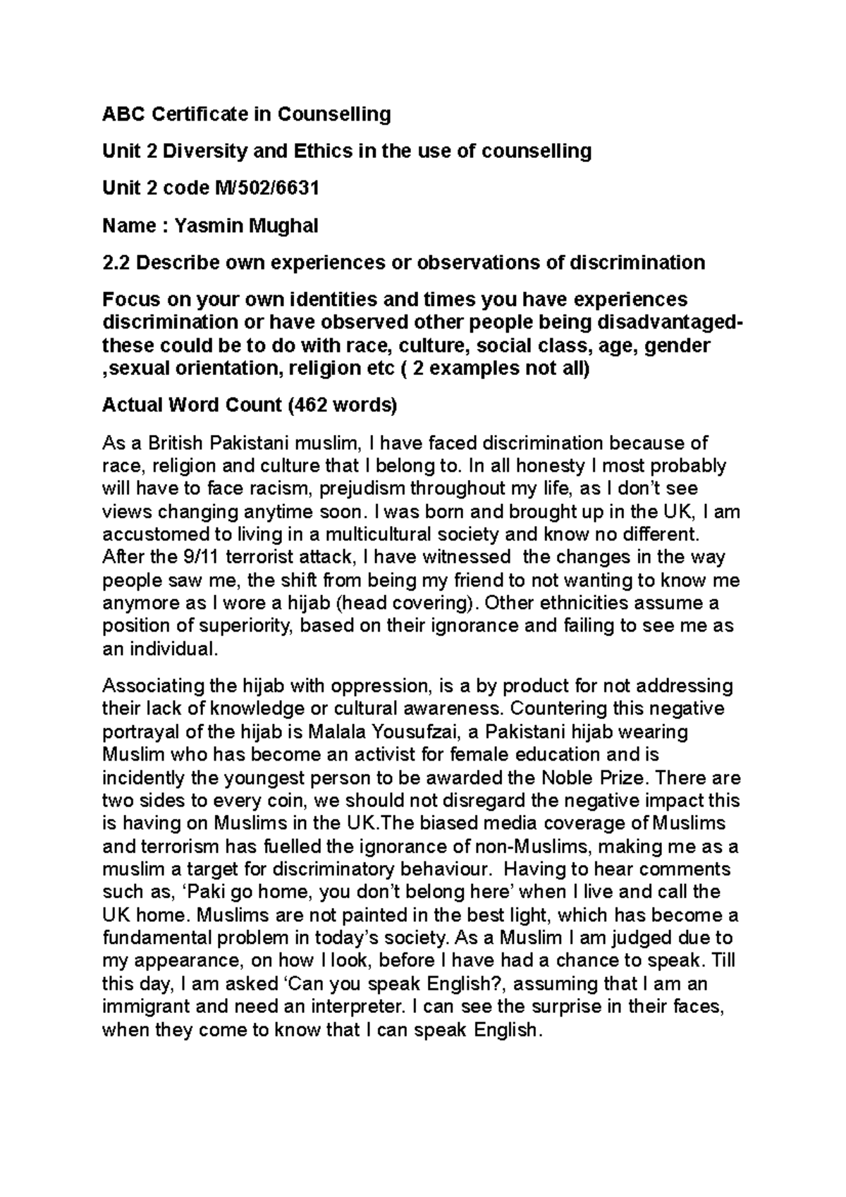 ABC Cert Unit 2 Yasmin Mughal 2 - ABC Certificate in Counselling Unit 2 ...