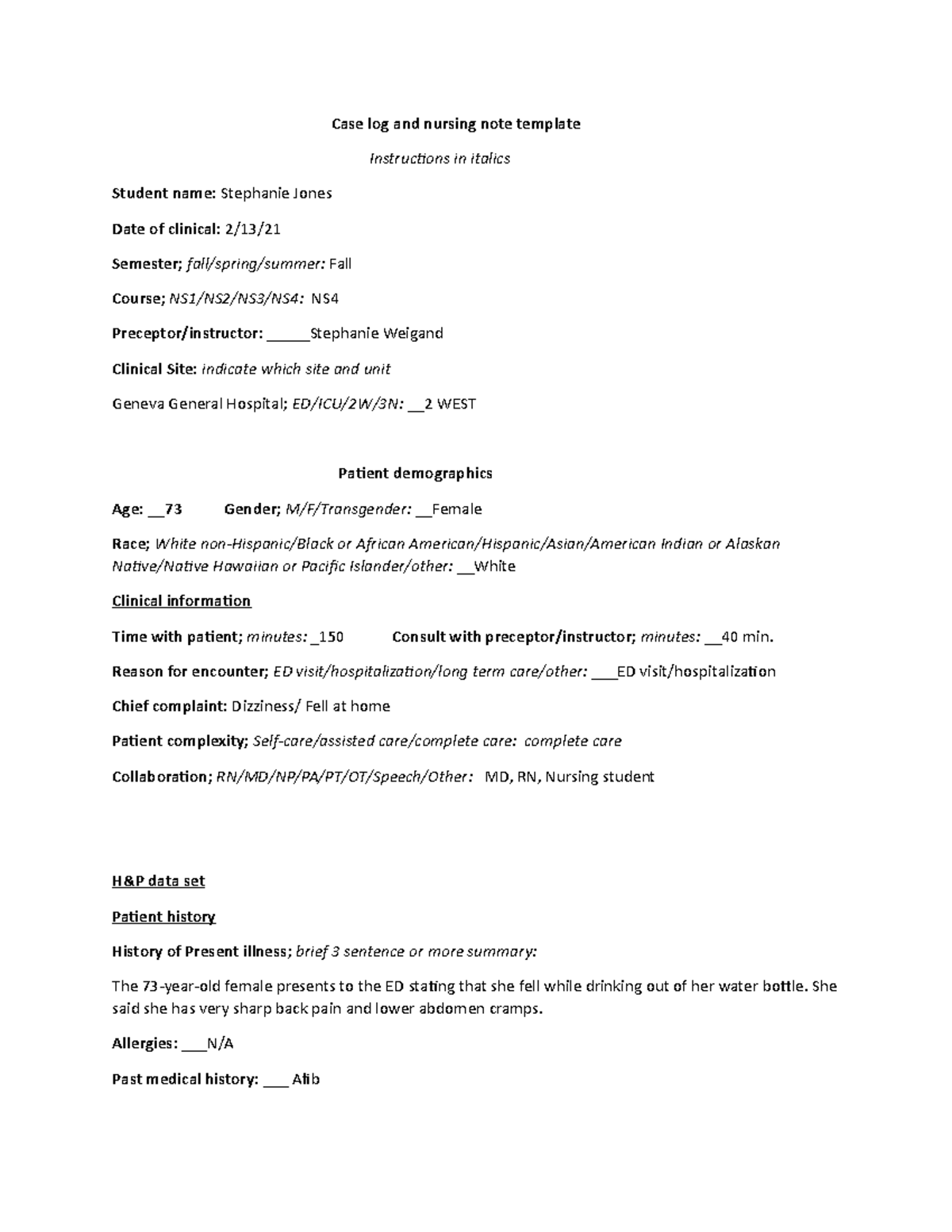 Case log week 2 of 2 nursing care plan RN - Case log and nursing note ...