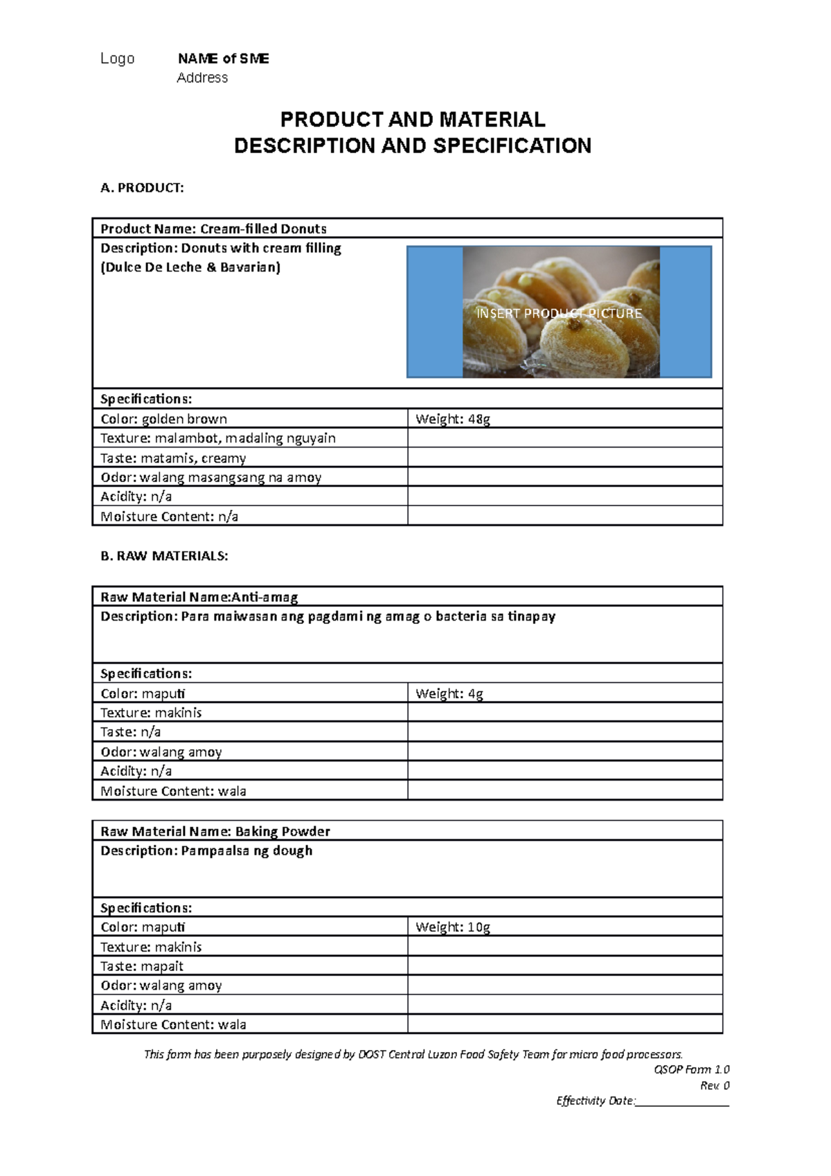 QSOP 1 - Product and Material Description and Spec - Address PRODUCT ...