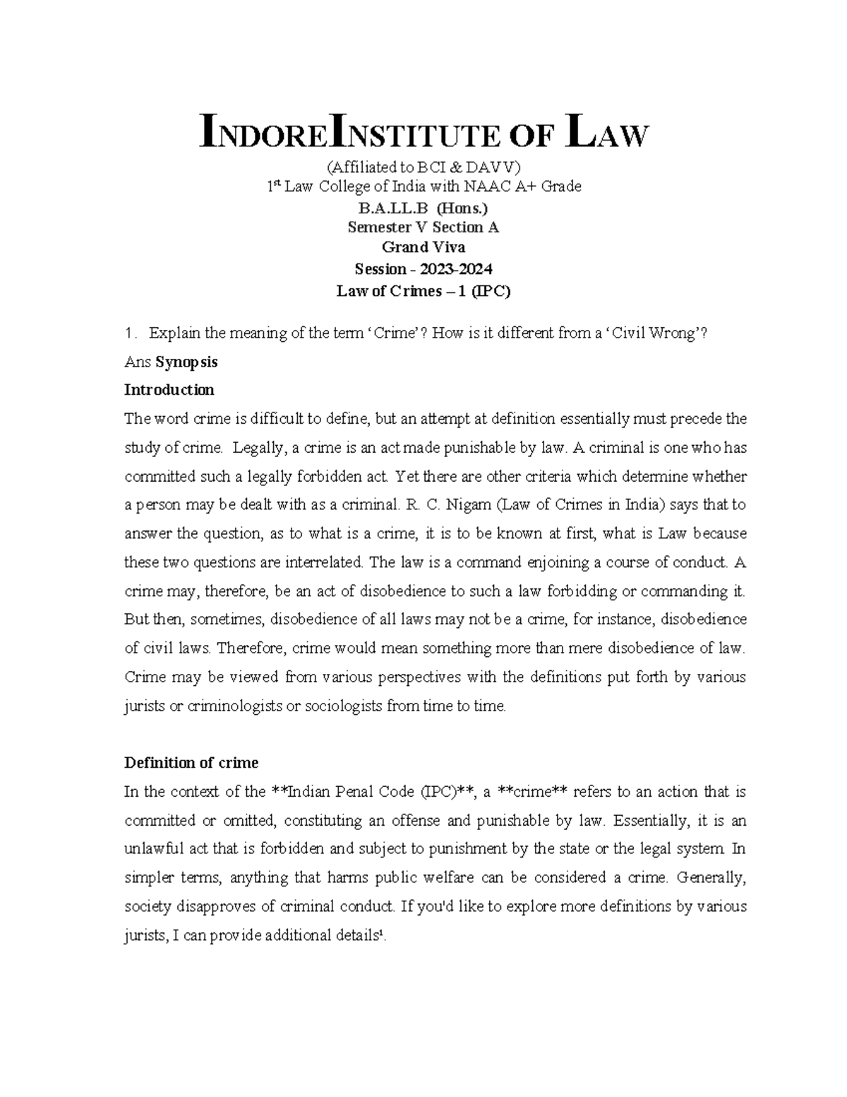 Grand VIVA IPC - INDOREINSTITUTE OF LAW (Affiliated to BCI & DAVV) 1 st Law College of India ...