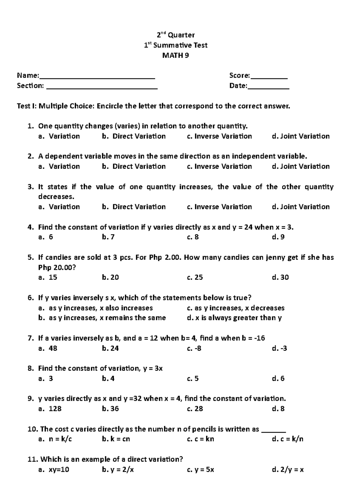 2nd Quarter-st 1 - Direct and Inverse Variation - 2 nd Quarter 1 st ...