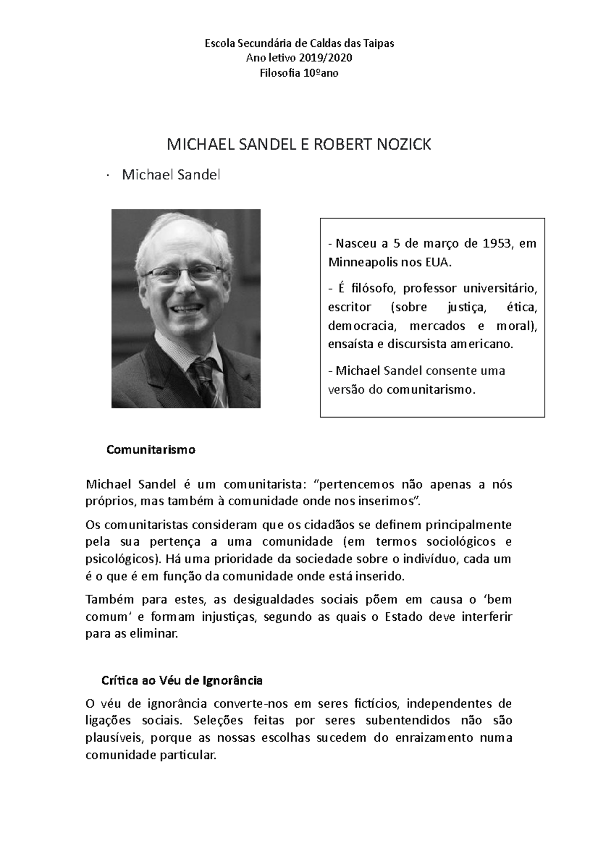 Michael Sandel E Robert Nozick - Escola Secundária de Caldas das Taipas ...