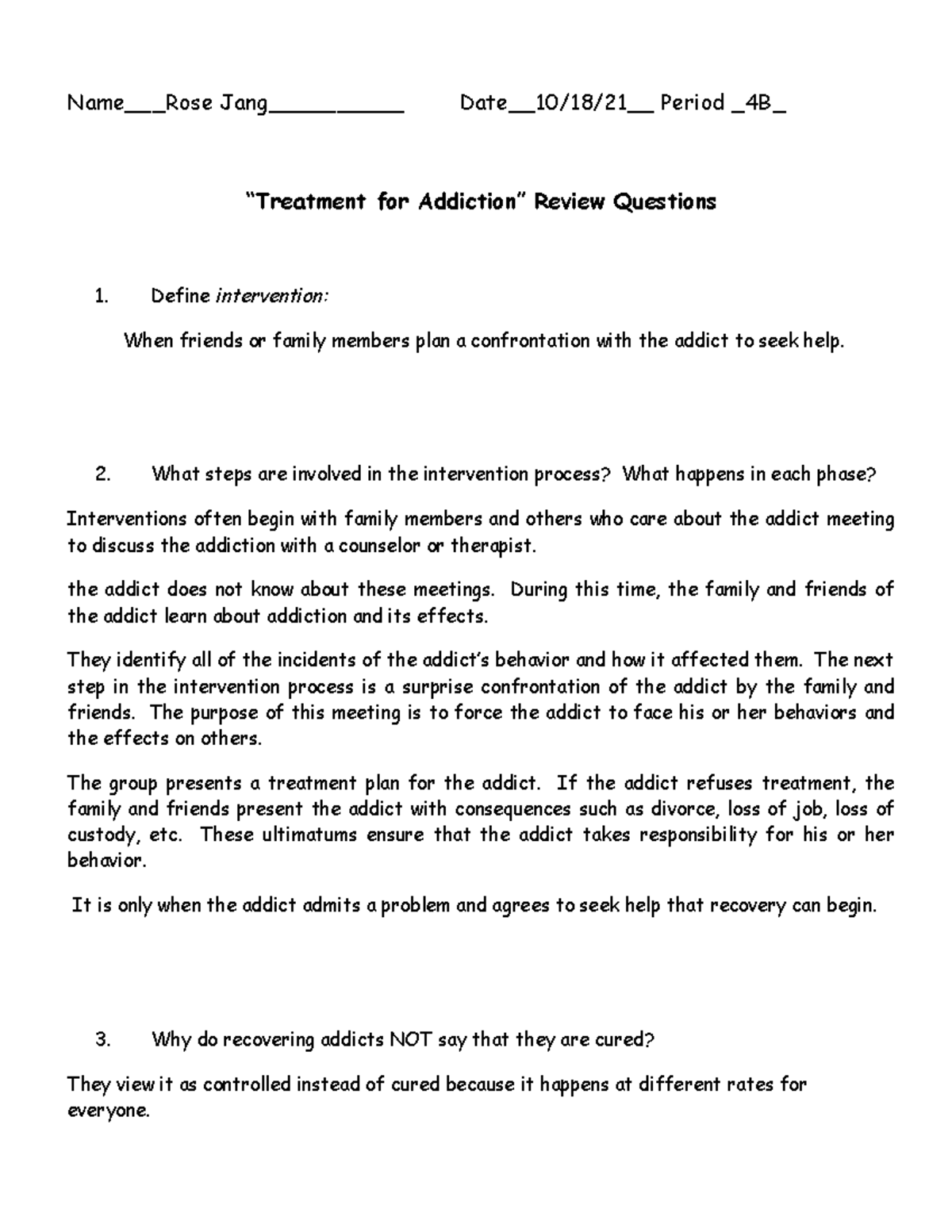 Rose jang treatment for addiction reading questions - Name___Rose Jang ...
