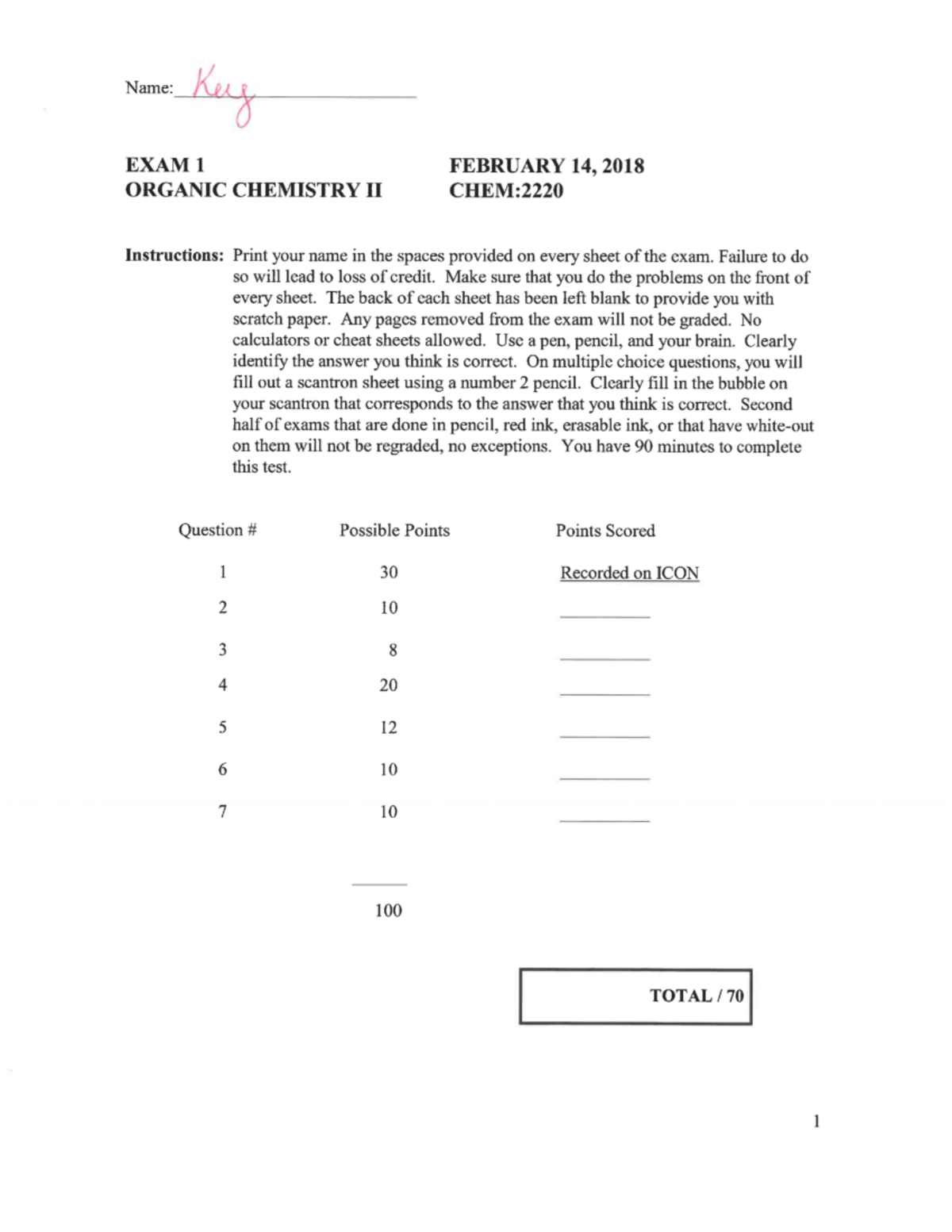 Exam Answer Key, Spring 2018 - CHEM2220000A - Studocu