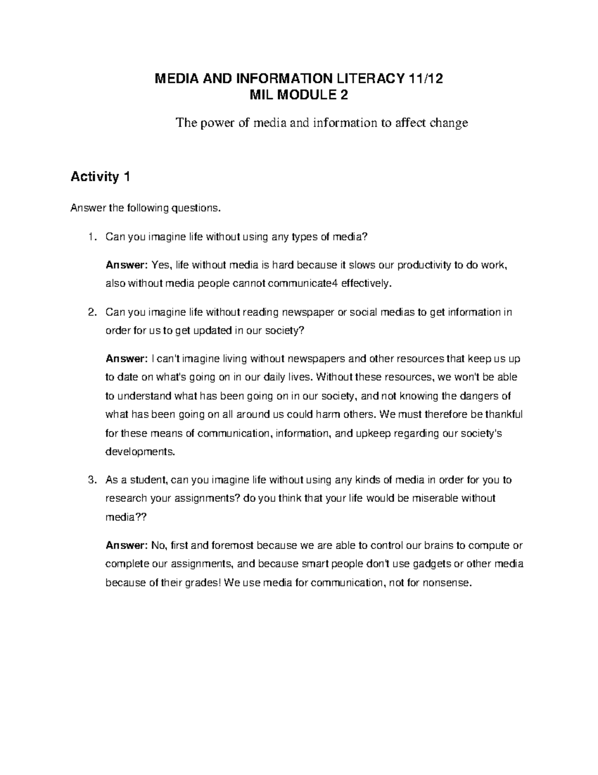 Media AND Information Literacy - Module 2 - Activity 1 - MEDIA AND ...