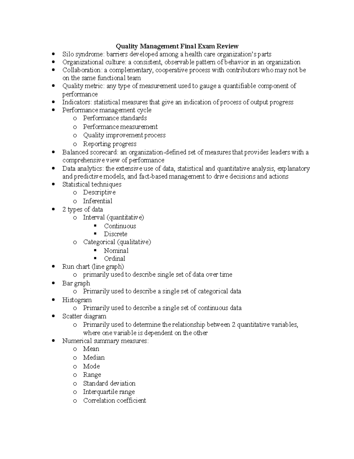 Quality Management Final Exam Review - Studocu