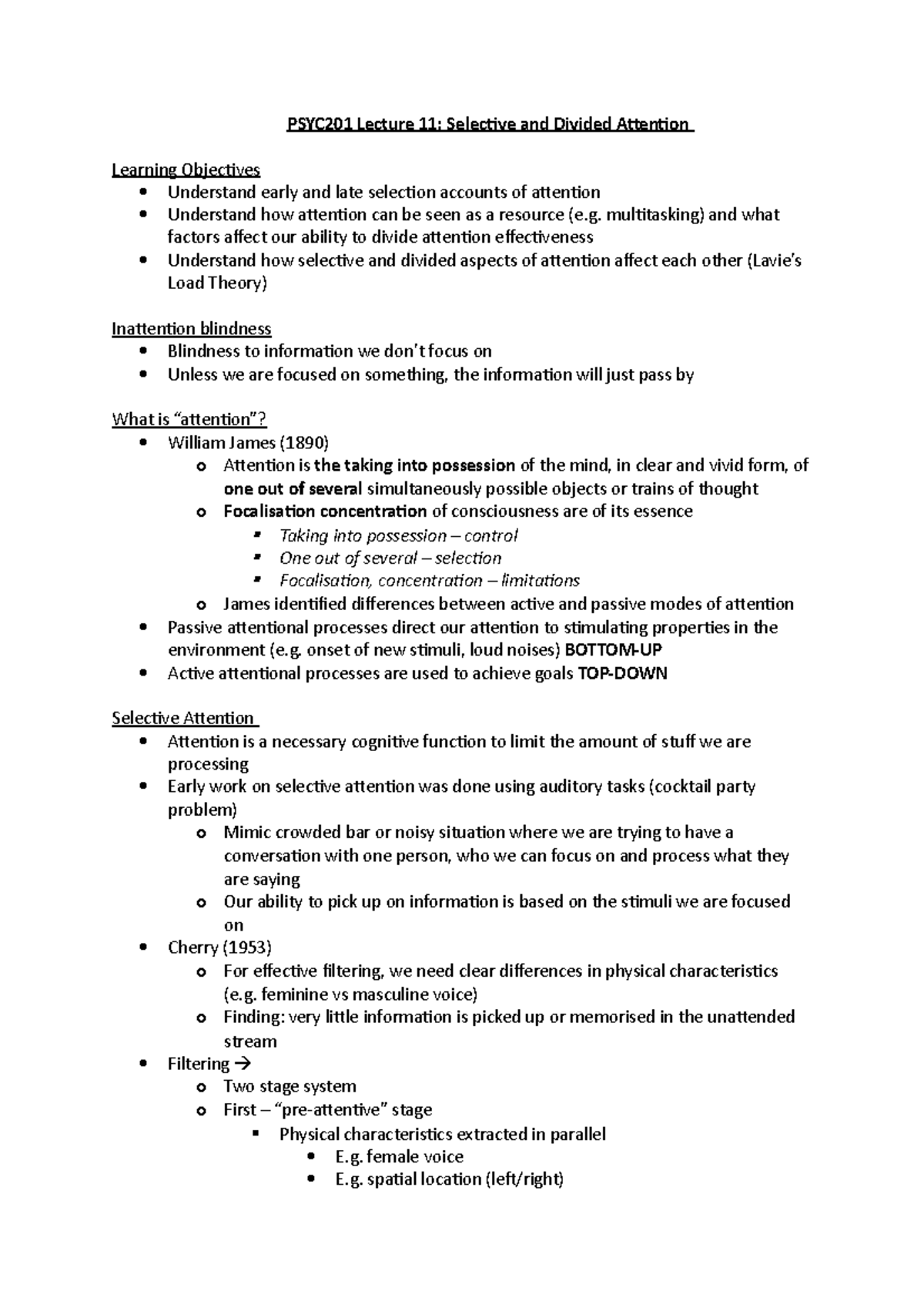 PSYC201 Lecture 11 (Notes) - PSYC201 Lecture 11: Selective and Divided ...