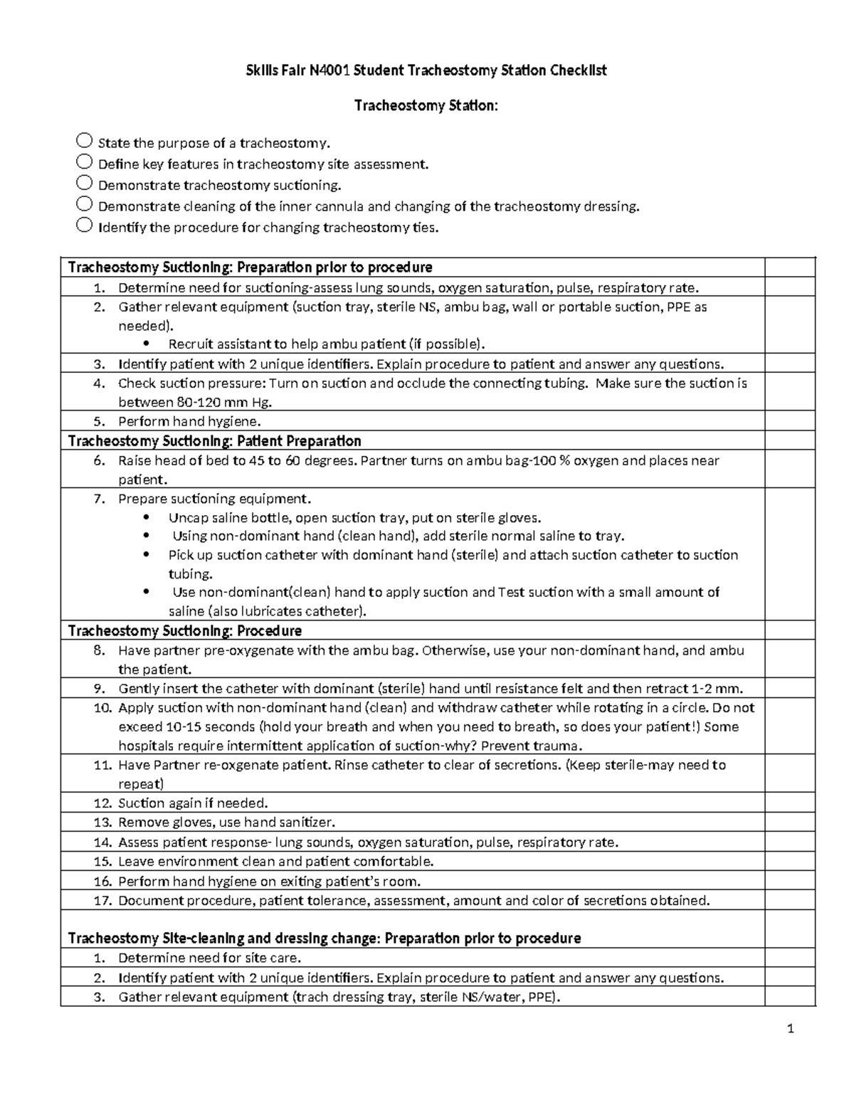 Student Tracheostomy Station Checklist - Skills Fair N4001 Student ...