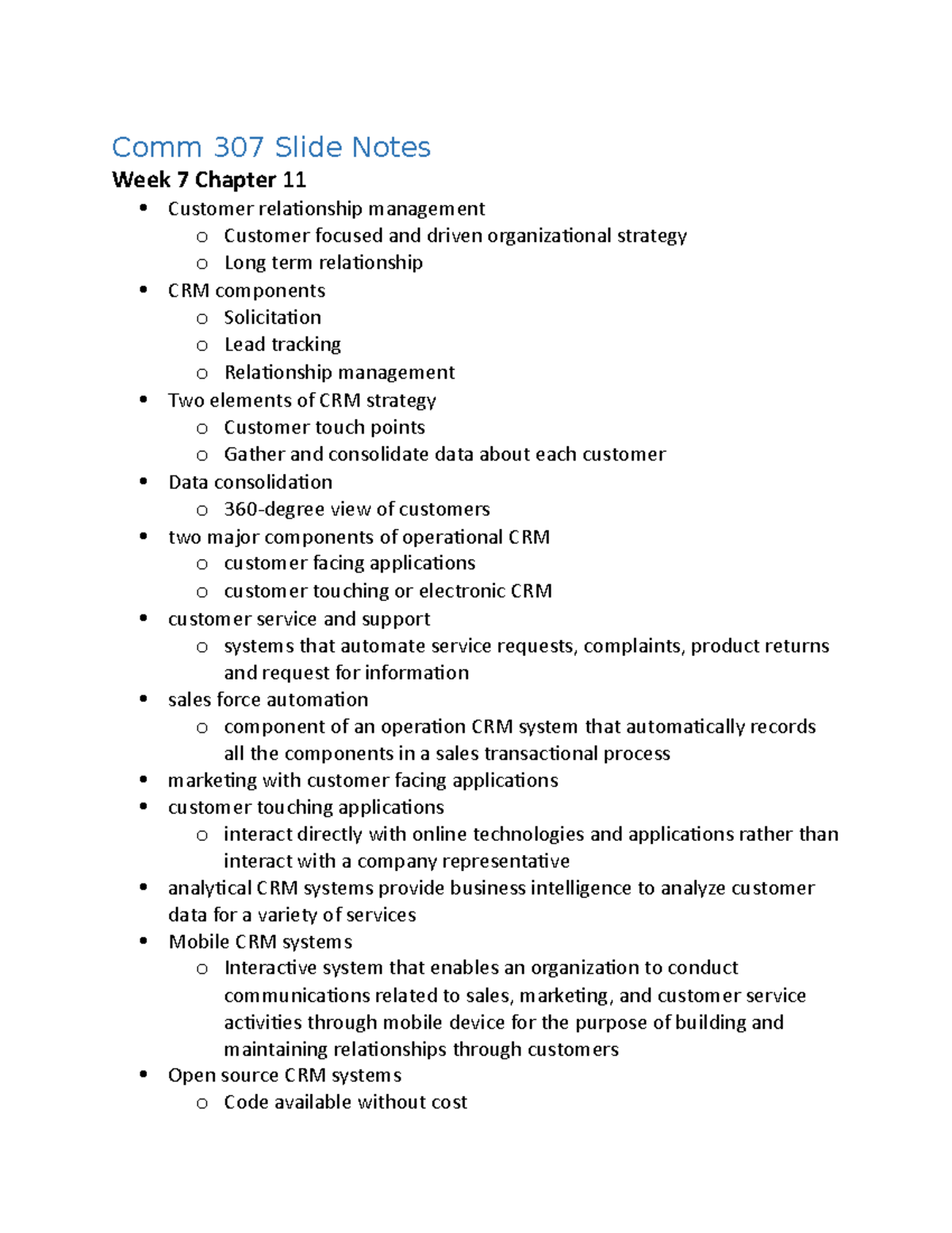 307 Finals Notes - Comm 307 Slide Notes Week 7 Chapter 11 Customer ...