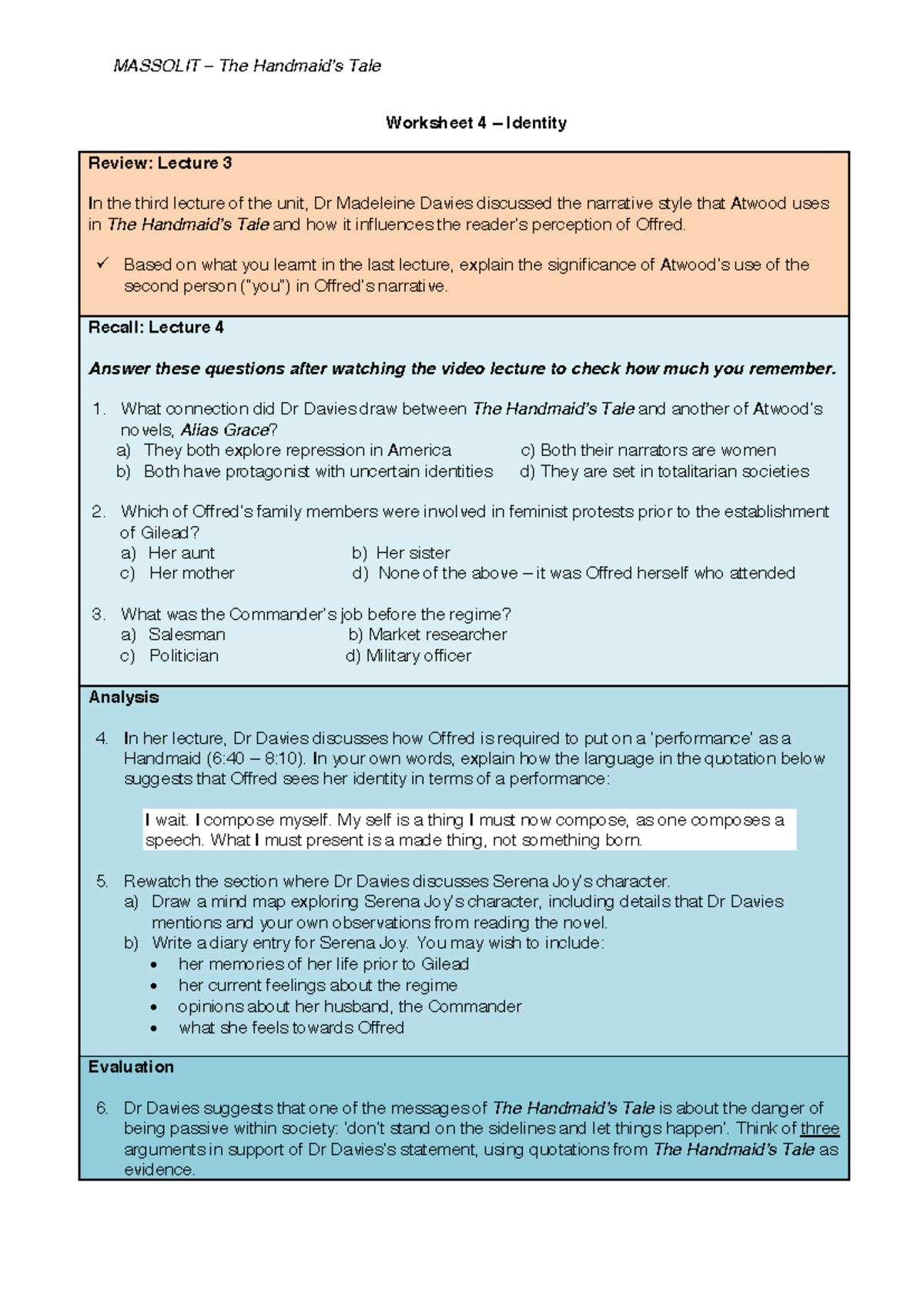 4 Identity - MASSOLIT – The Handmaid’s Tale Worksheet 4 – Identity ...