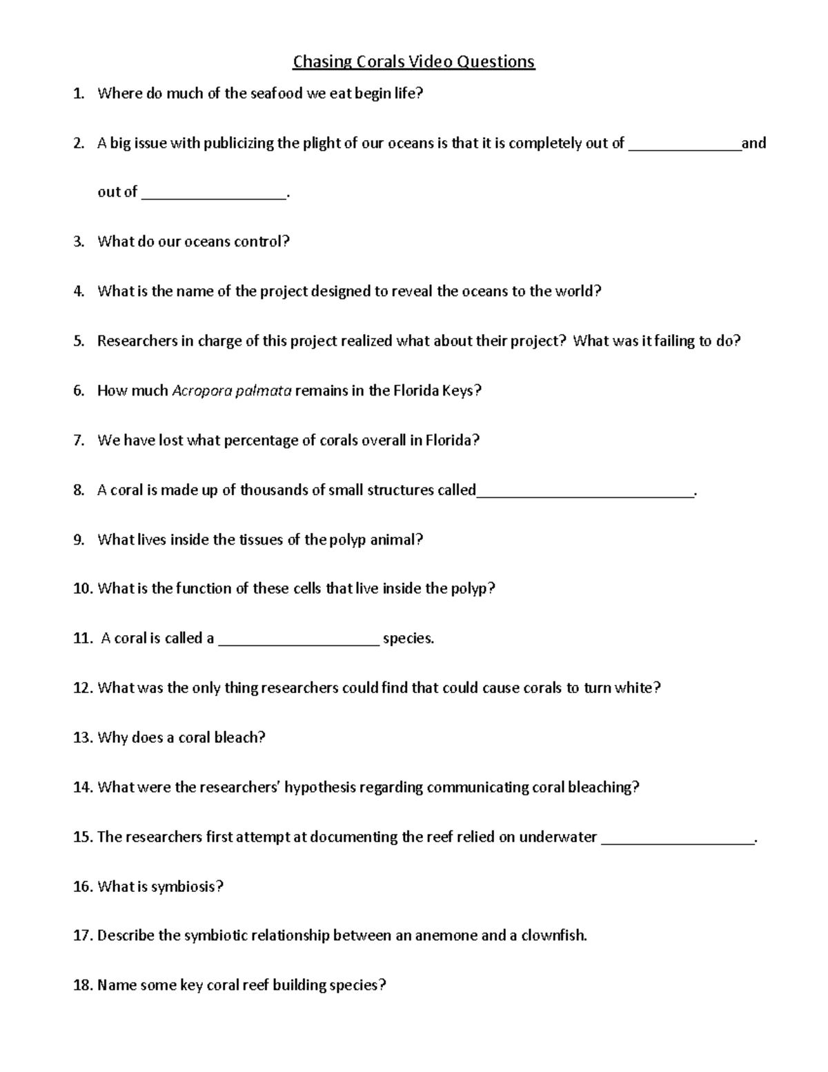 Chasing Coral Video Worksheet - Chasing Corals Video Questions Where do ...