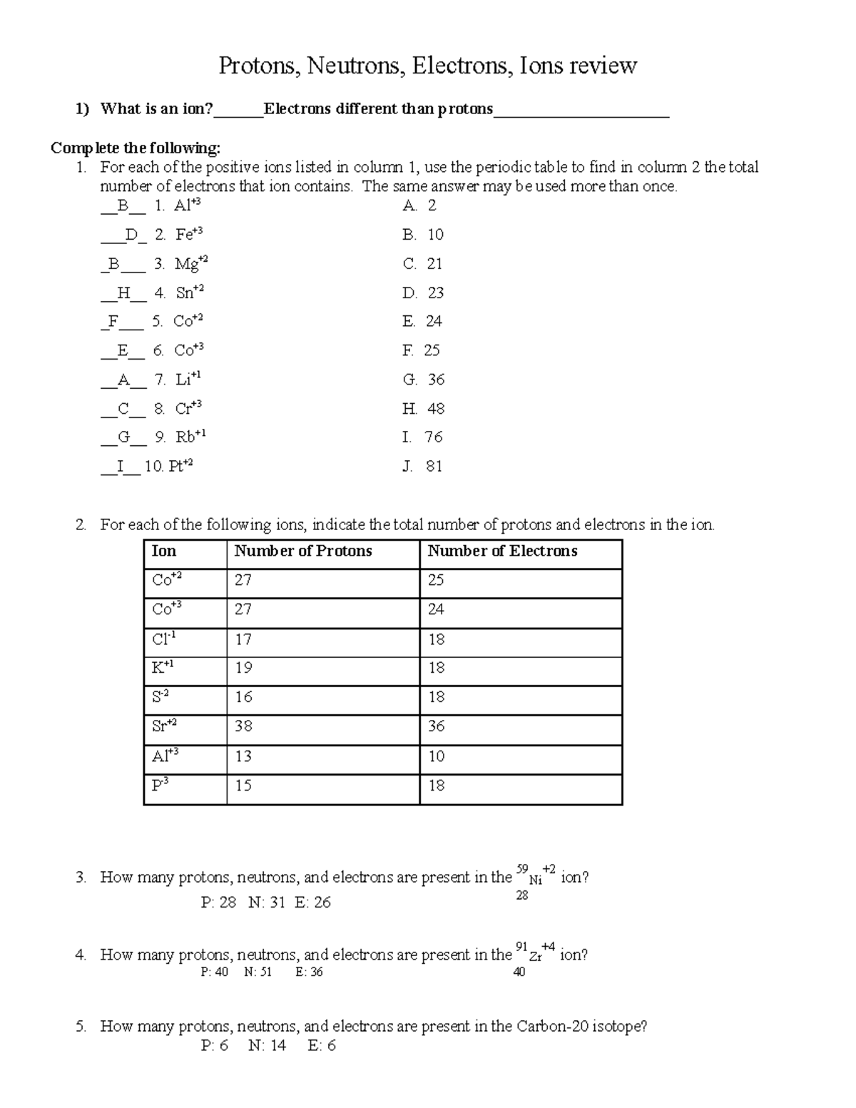 Protons neutrons electrons review KEY - Protons, Neutrons, Electrons ...