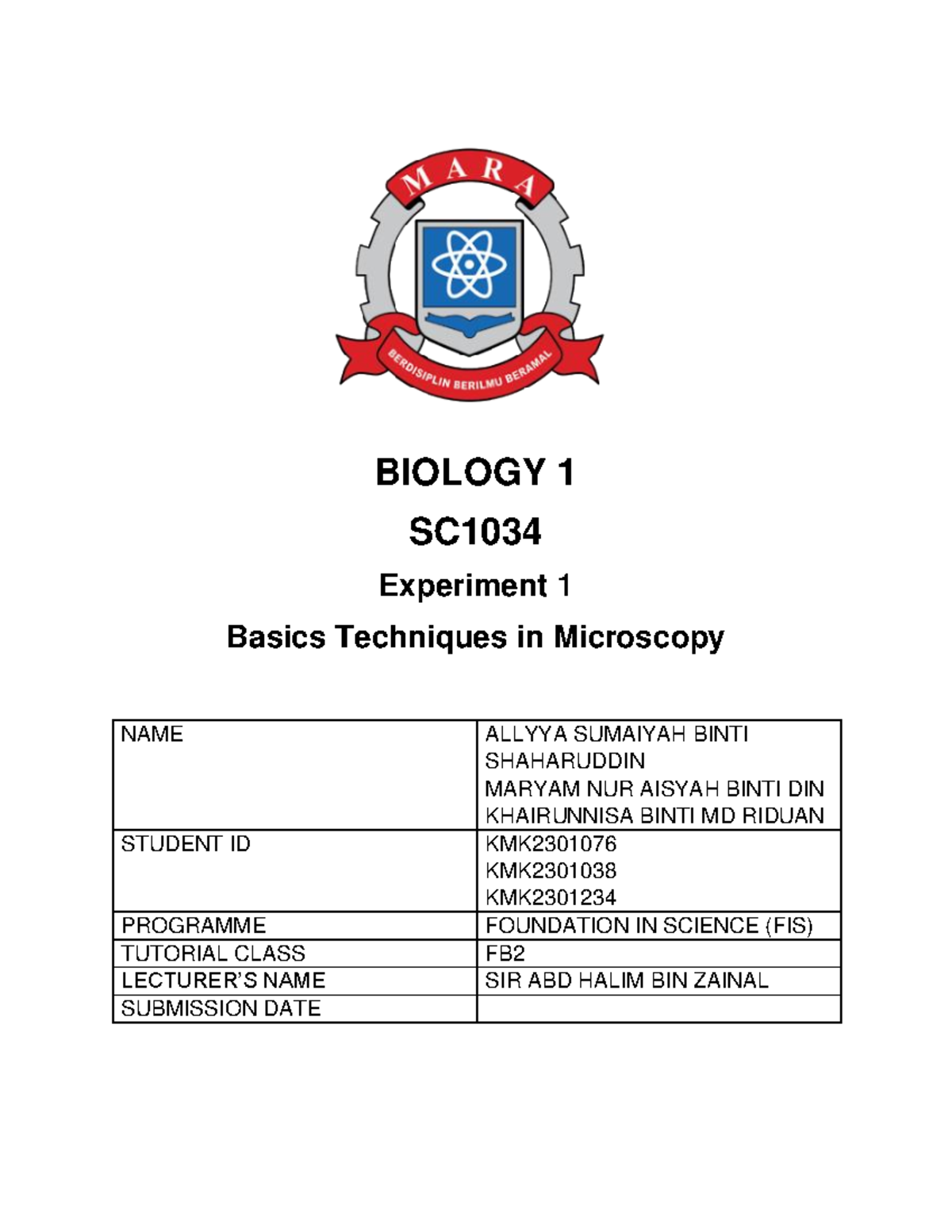 LAB Report Biology-EXP 1 - BIOLOGY 1 SC Experiment 1 Basics Techniques ...