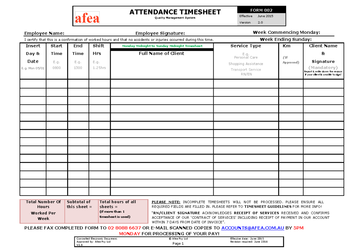 FORM 002 Attendance Timesheet - ATTENDANCE TIMESHEET FORM 002 Effective ...