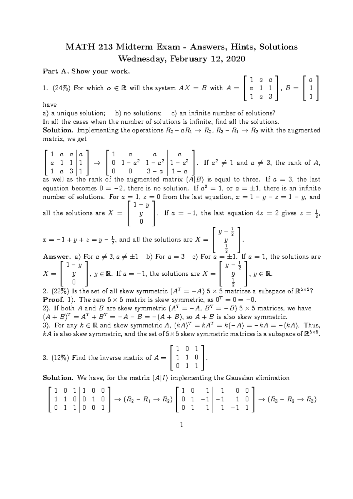 Midterm 2020 + answers - MATH 213 Midterm Exam - Answers, Hints, Solutions Wednesday, February ...