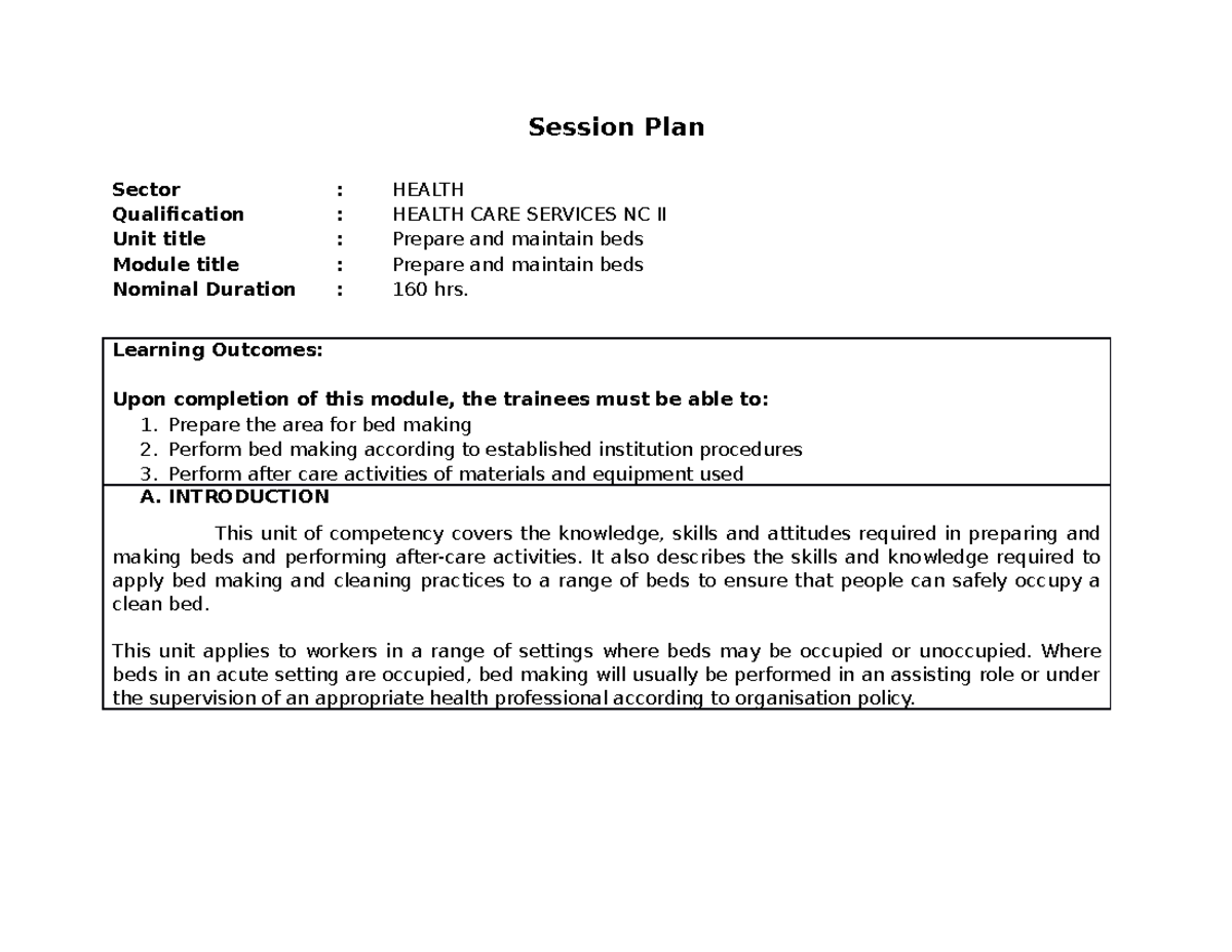 Updated Session Plan 2022 - Session Plan Sector : HEALTH Qualification ...