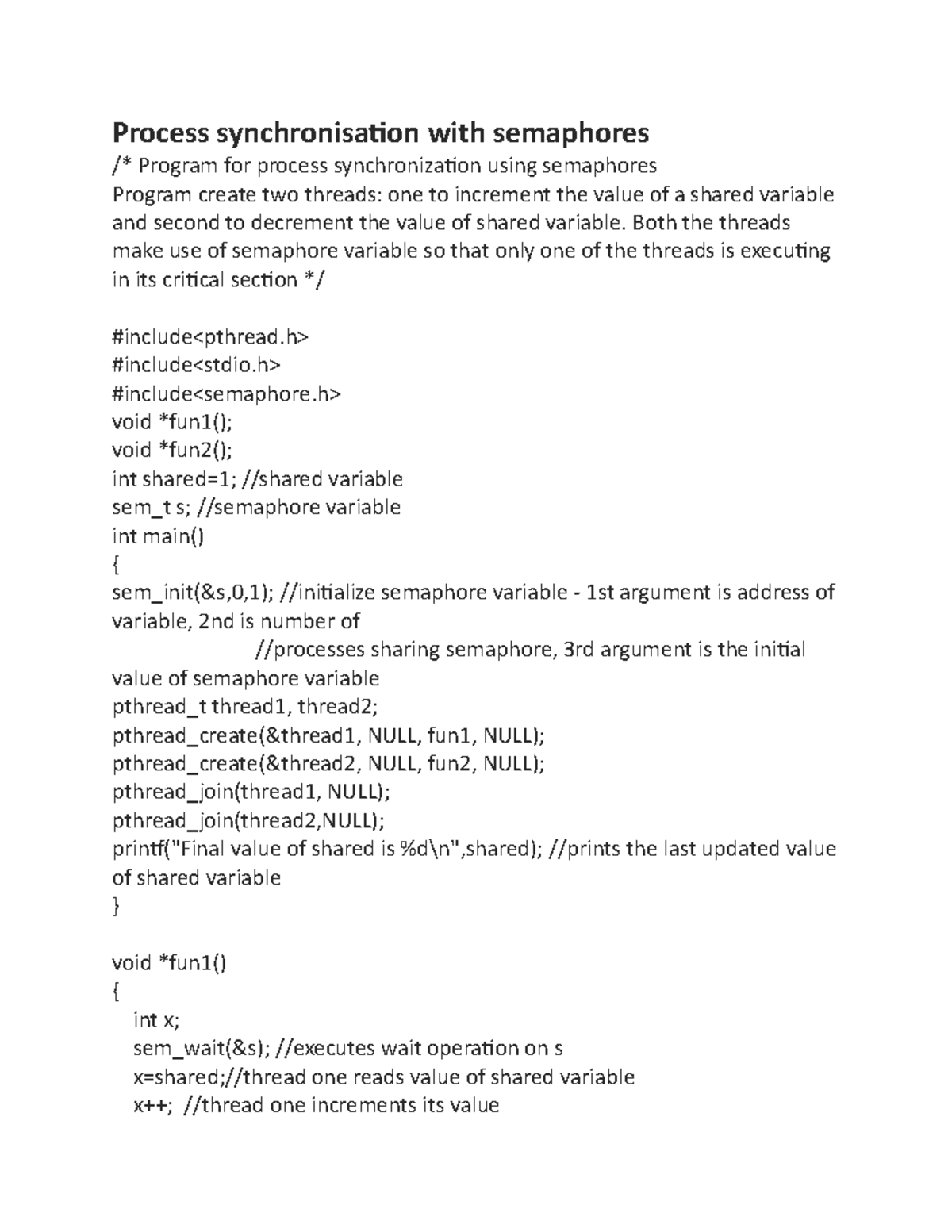 Process synchronisation with semaphores - Both the threads make use of ...