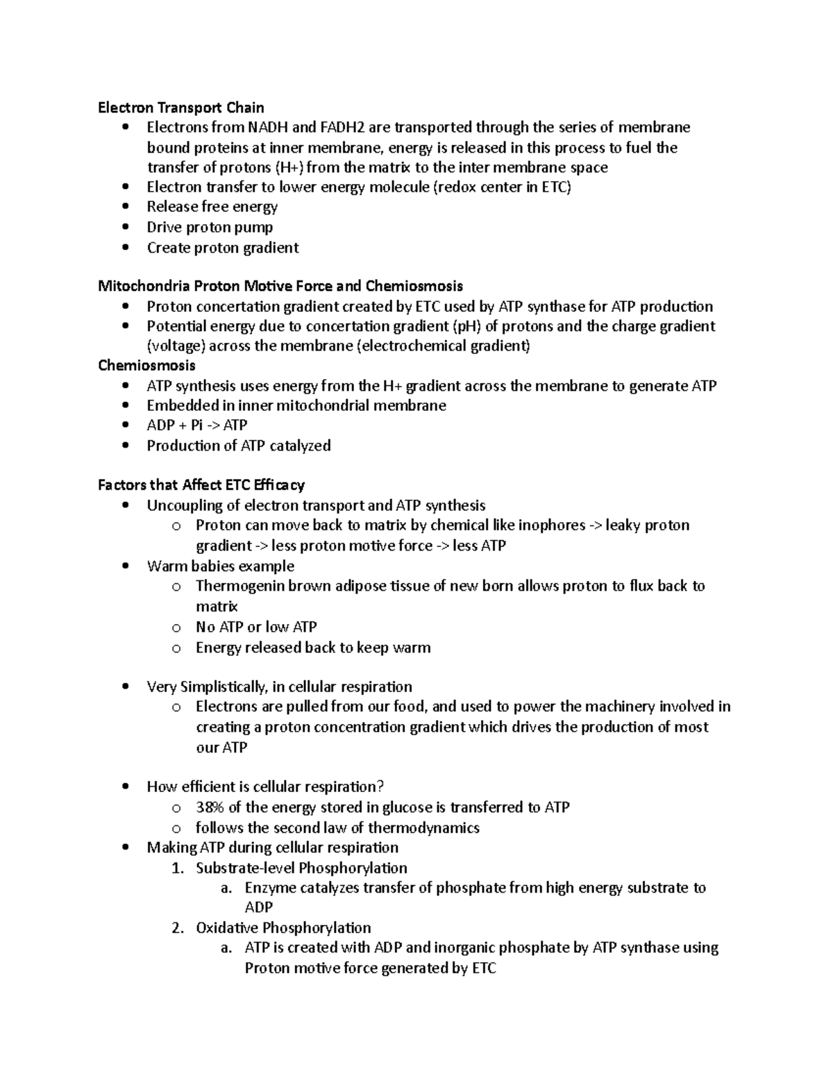 5 - Lecture notes for Biol 1000 - Electron Transport Chain Electrons ...
