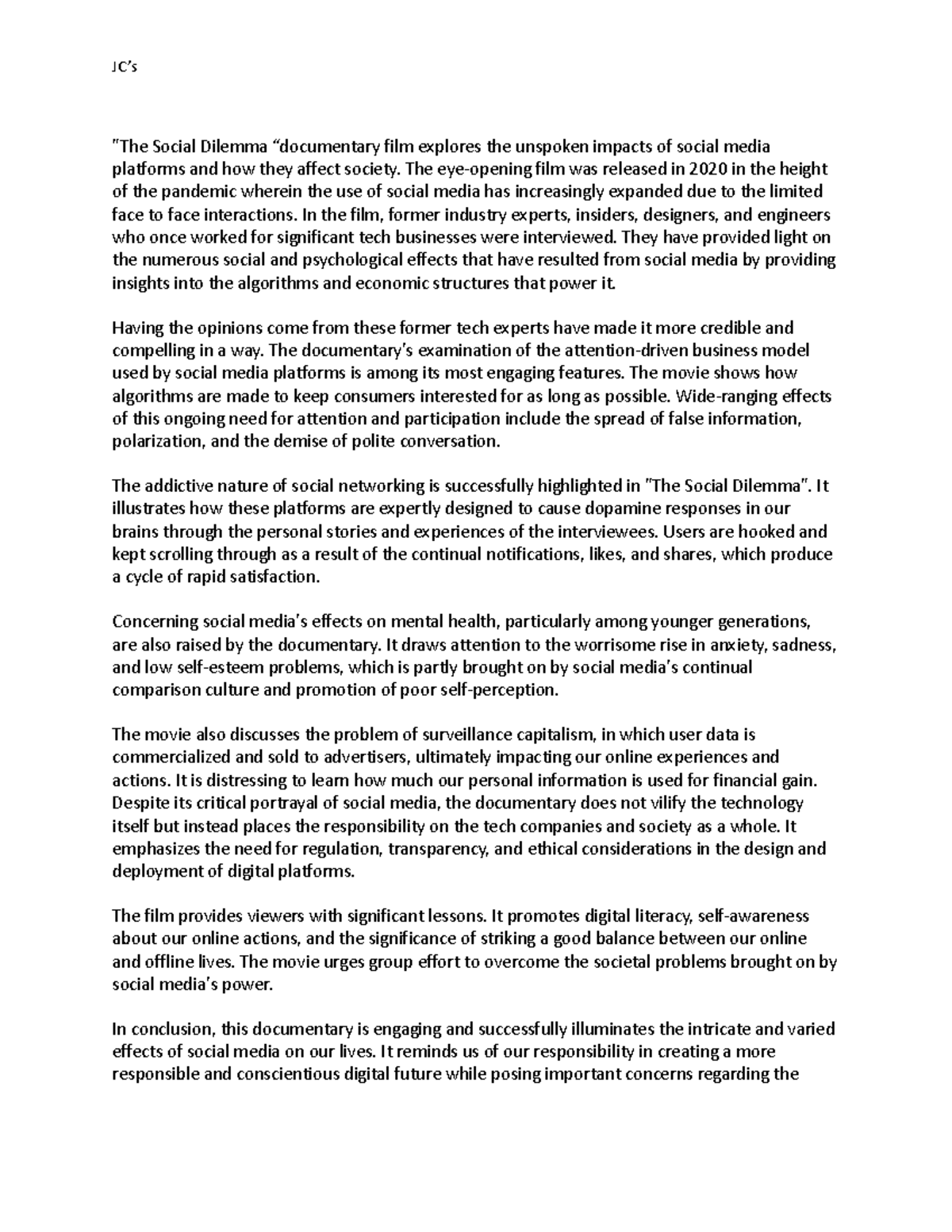 Social-Dilemma-Reaction - JC’s "The Social Dilemma “documentary film ...