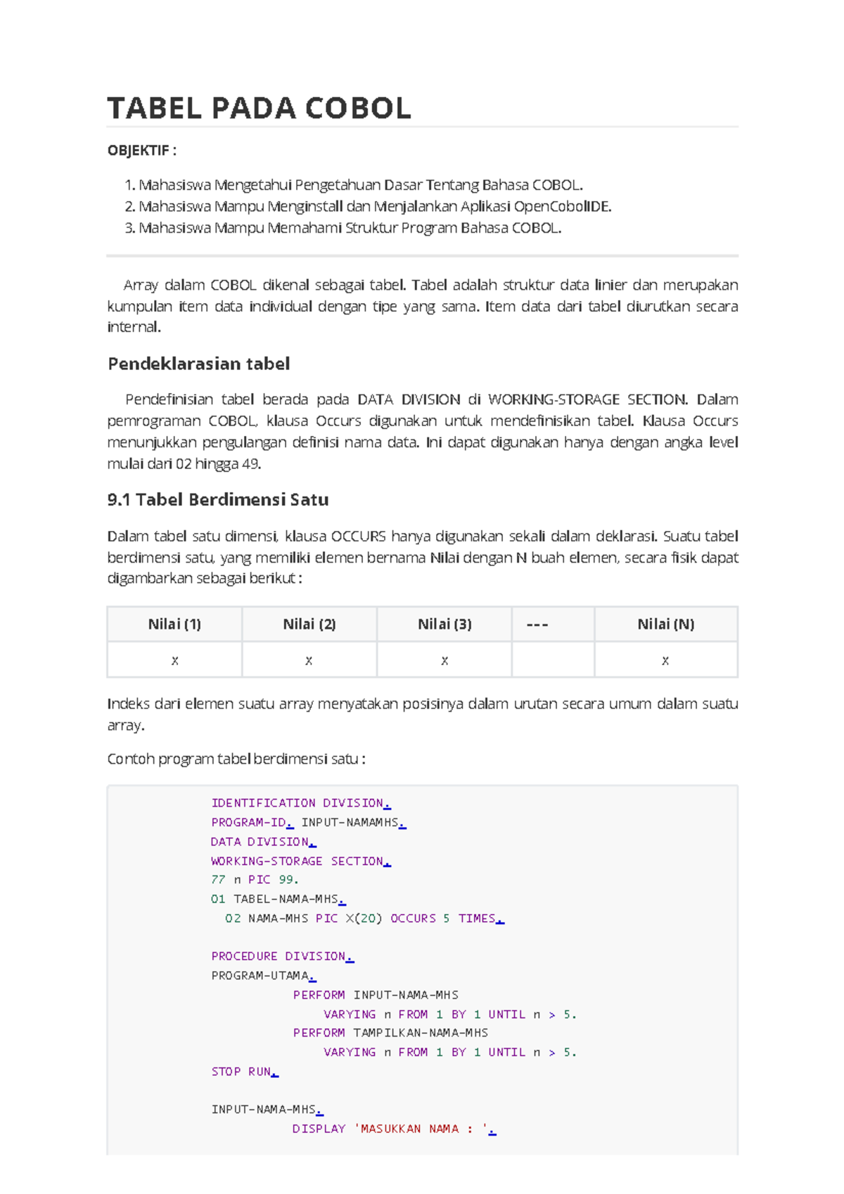 9. Tabel pada Cobol Revisi - Nilai (1) Nilai (2) Nilai (3) - Nilai (N) x x x x TABEL PADA COBOL ...