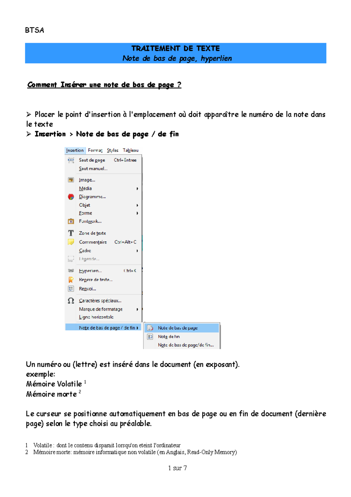 Cours note base page hyperlien - TRAITEMENT DE TEXTE Note de bas de ...