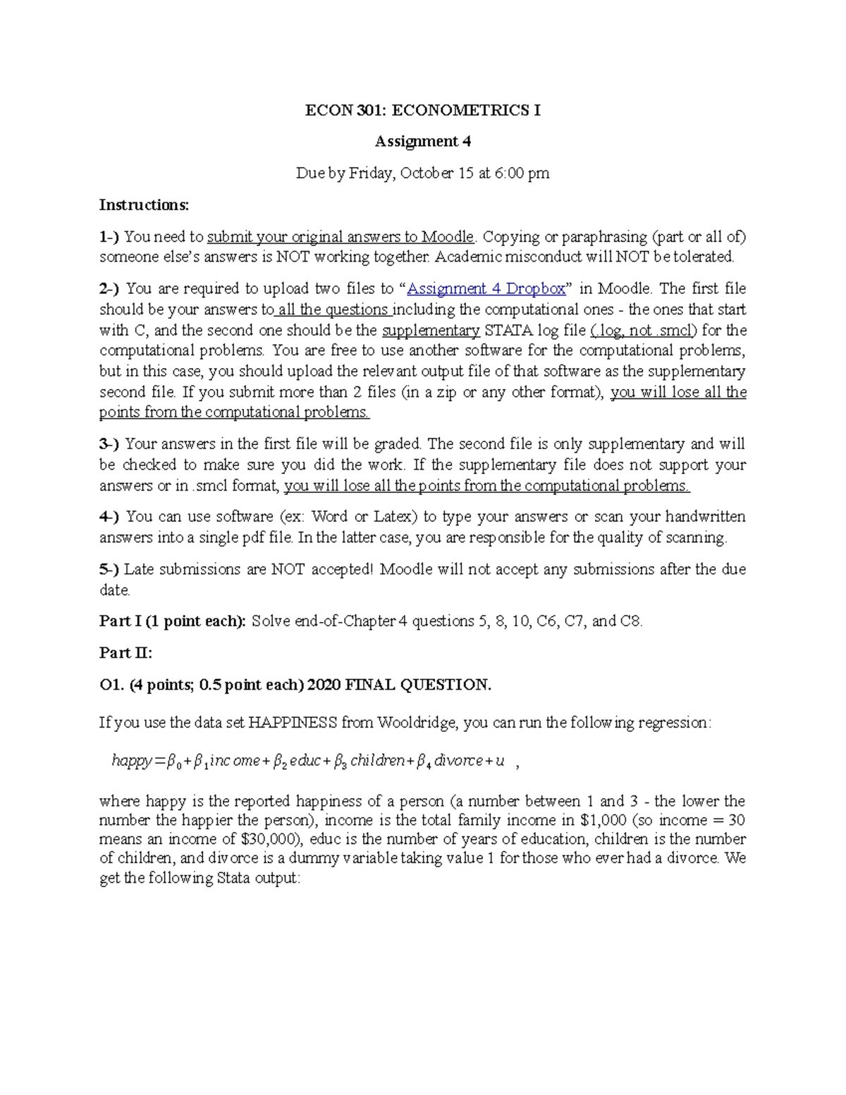 Assignment 4 Fall 2021 Problems only - ECON 301: ECONOMETRICS I ...