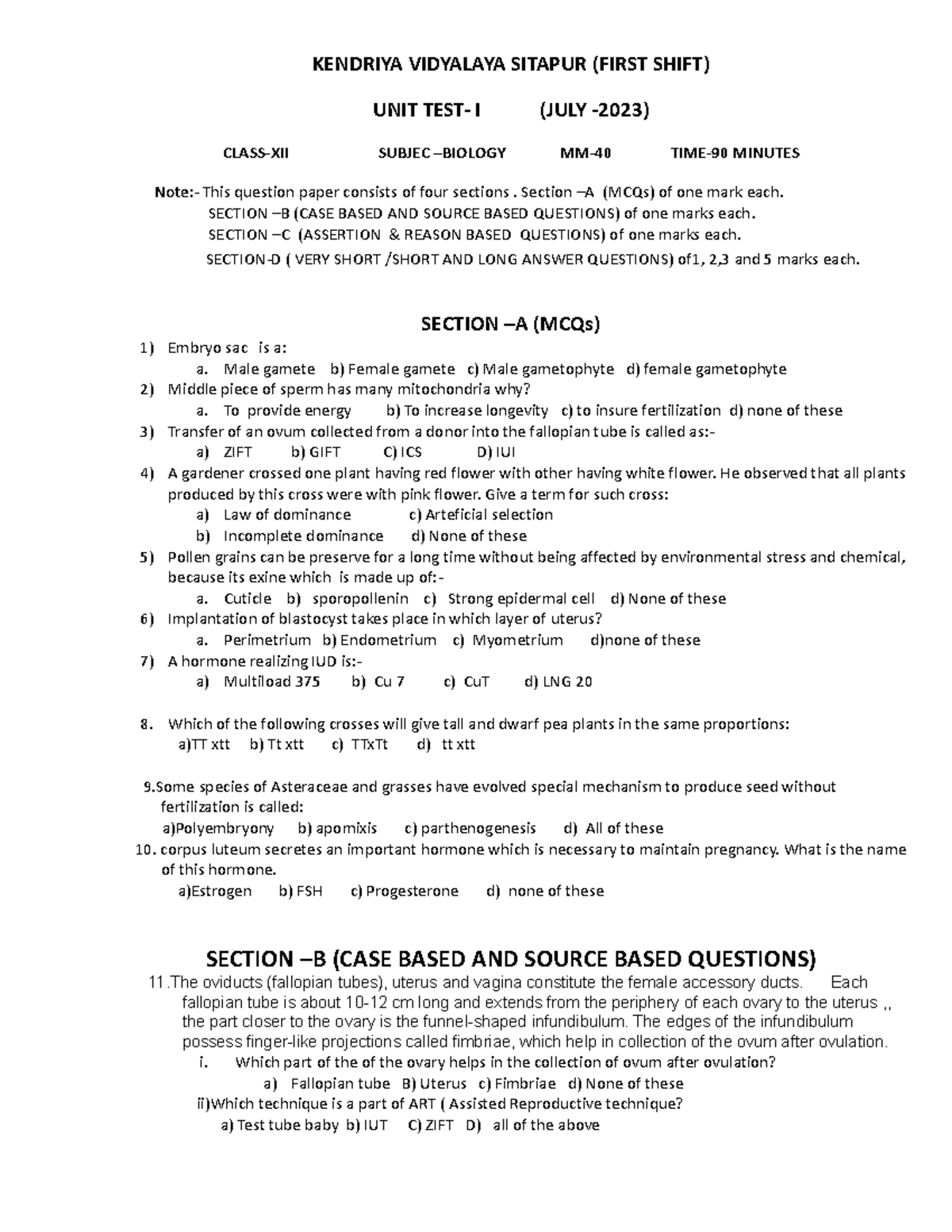 Class 12 UT-1 Question Paper Biology - ####### KENDRIYA VIDYALAYA ...