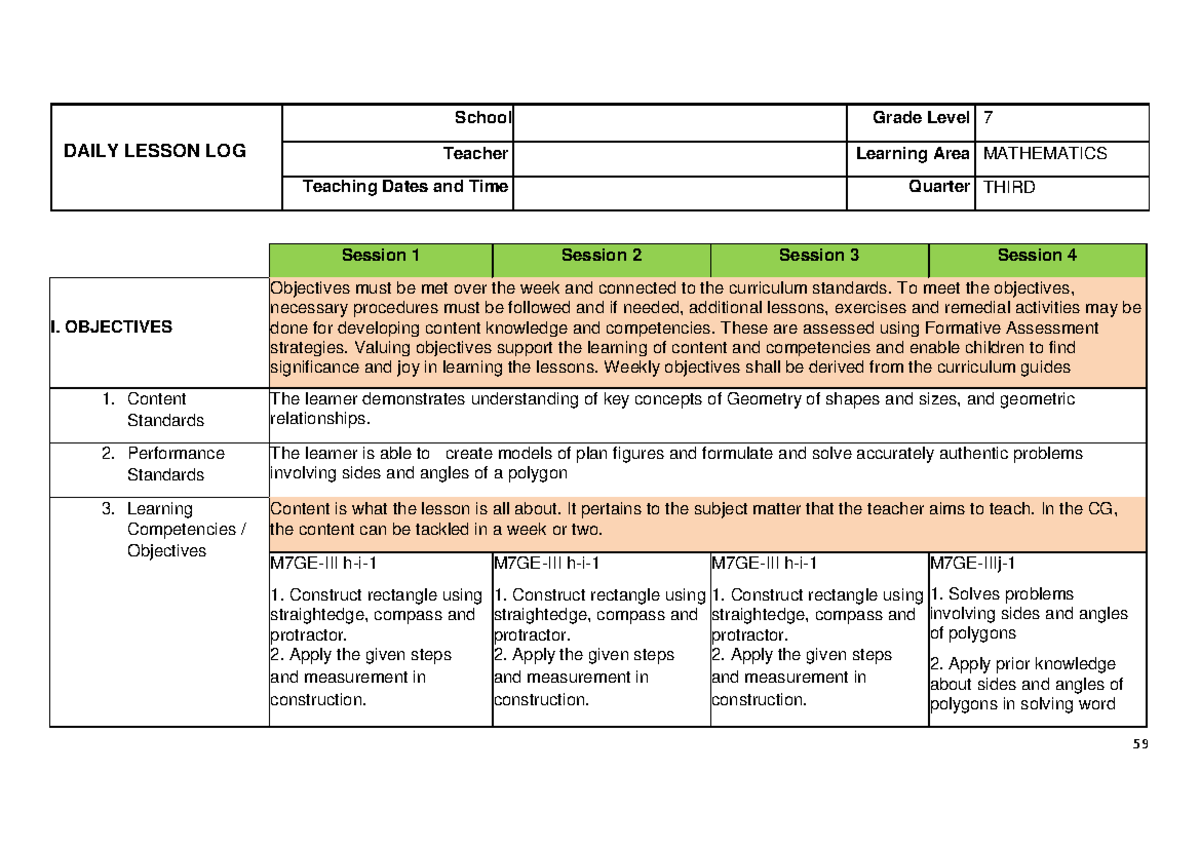 Daily Lesson Log Grade 7 Quarter 3 week 52,59,66 - DAILY LESSON LOG ...