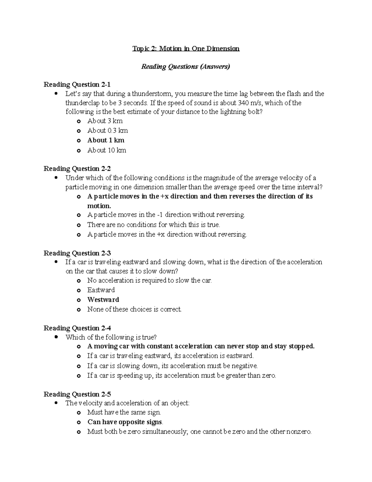 Topic 2, Reading Questions - Topic 2: Motion in One Dimension Reading ...