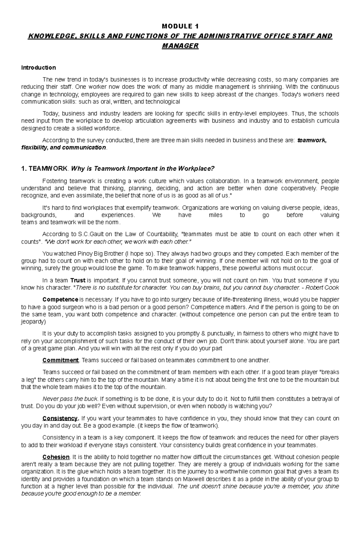 Administrative Office Management BSBA - Module 1 - MODULE 1 KNOWLEDGE ...