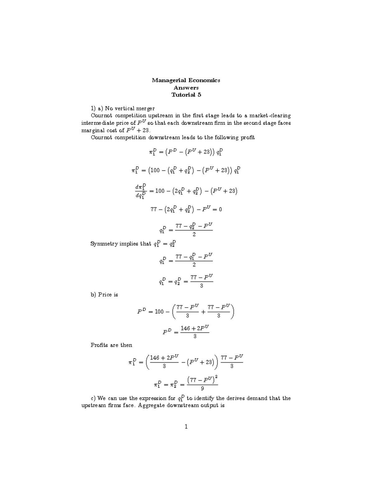 6SSMN318 Tutorial 5 answers 23/24 - Managerial Economics Answers ...