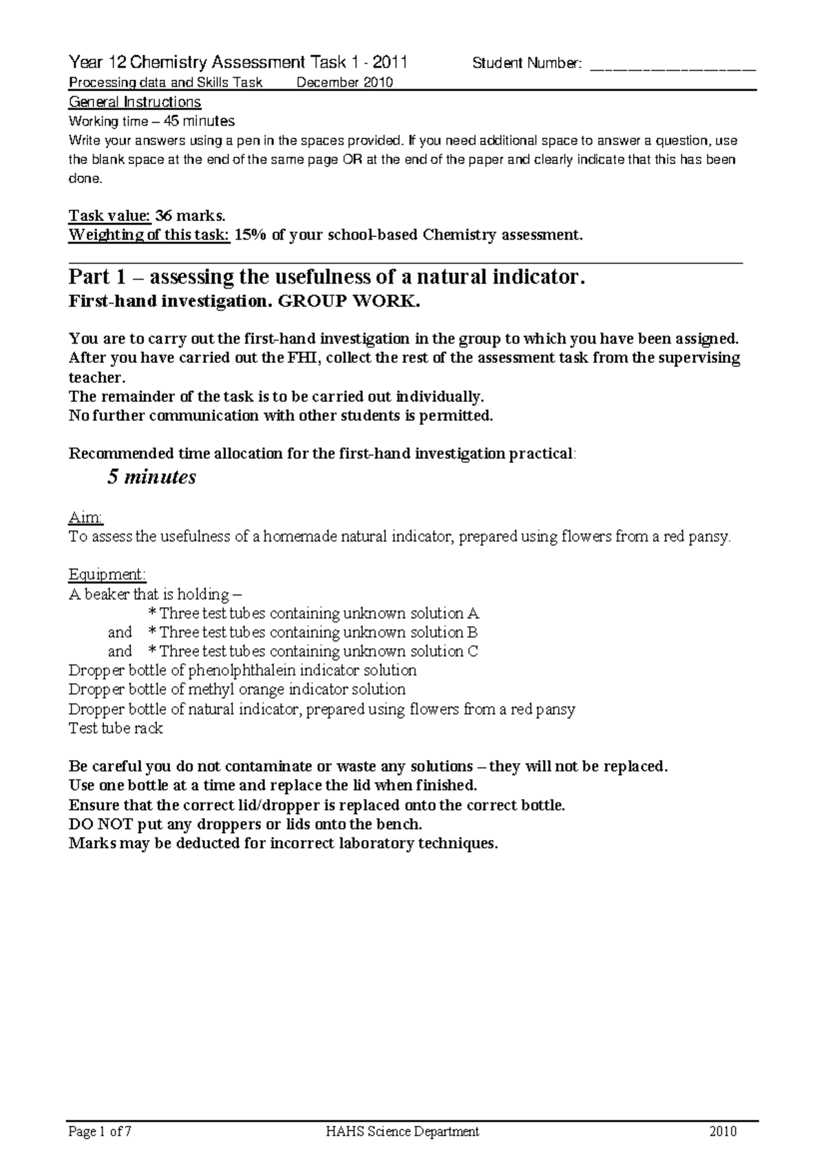 Hurlstone 2010 Chemistry CT1 & Solutions - Processing data and Skills ...