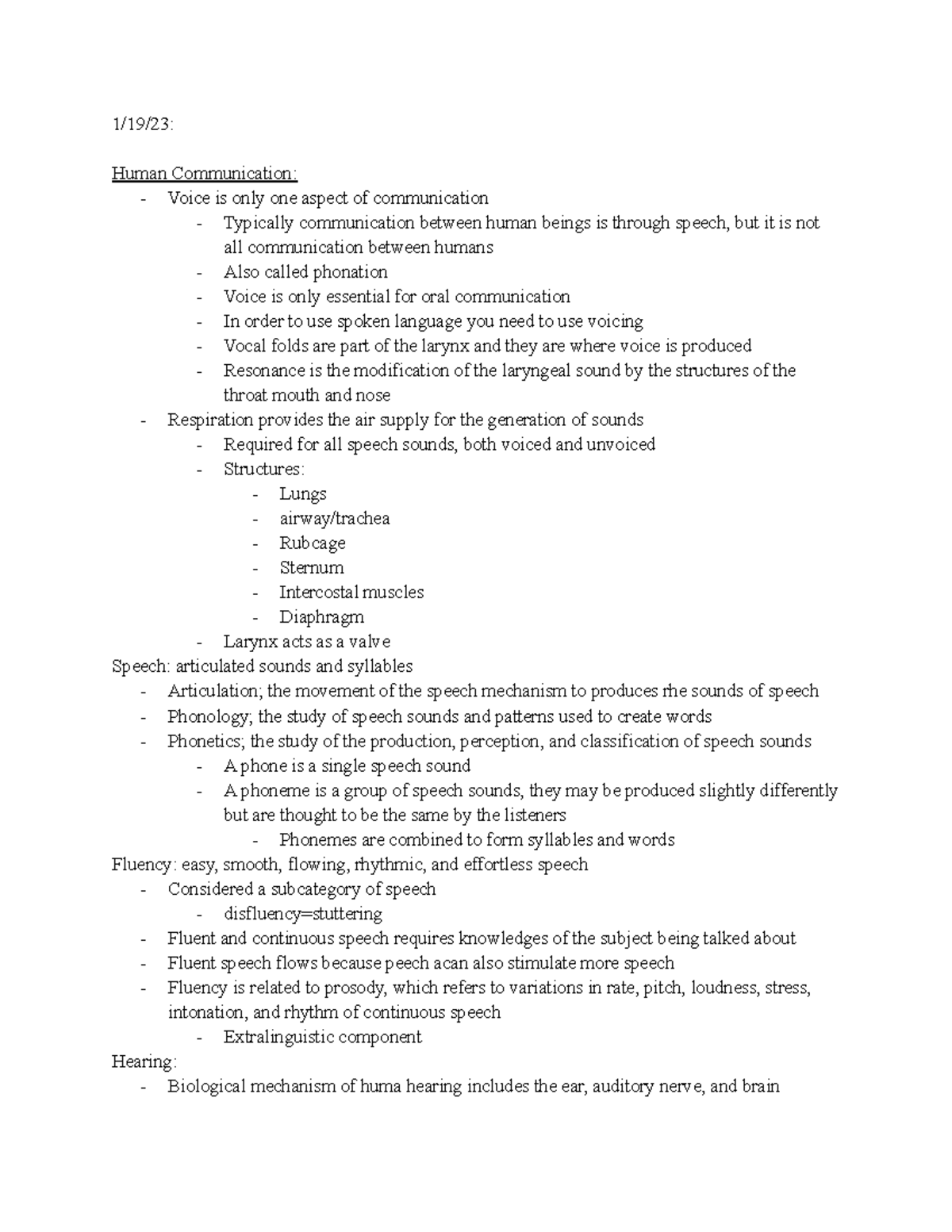 Speech Path I Notes - 1/19/23: Human Communication: - Voice is only one ...