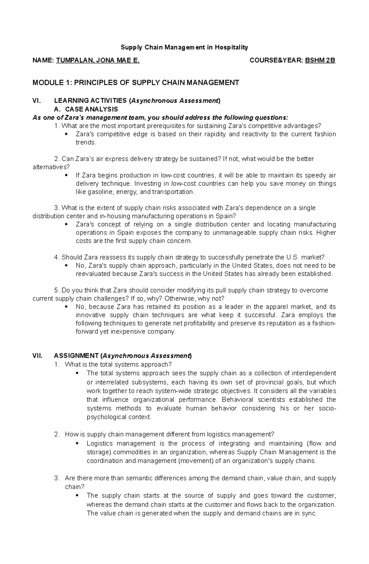 Supply- Chain- Answers - Supply Chain Management in Hospitality NAME ...