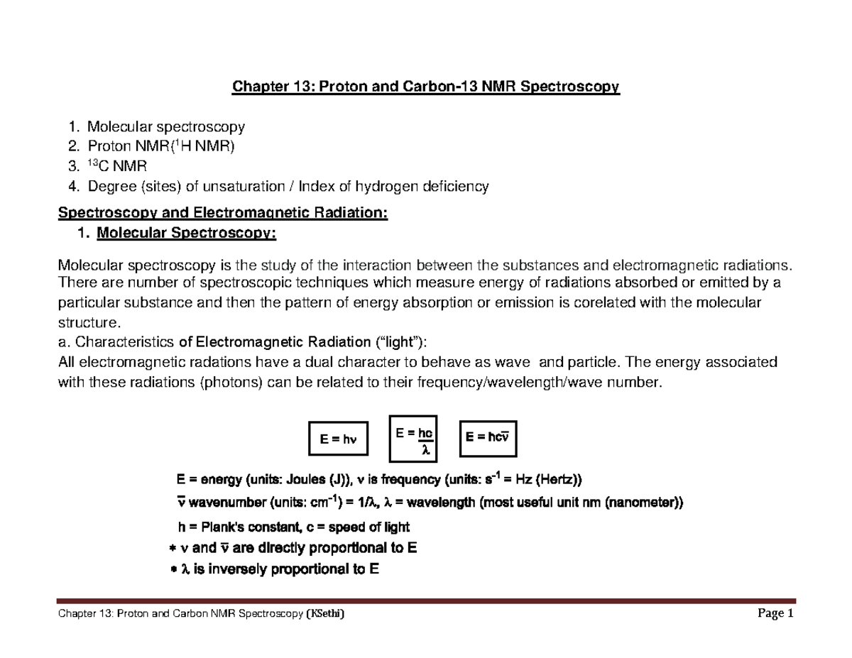 Chapter 13 - orgo 13 notes - Chapter 13 : Proton and Carbon- 13 NMR ...