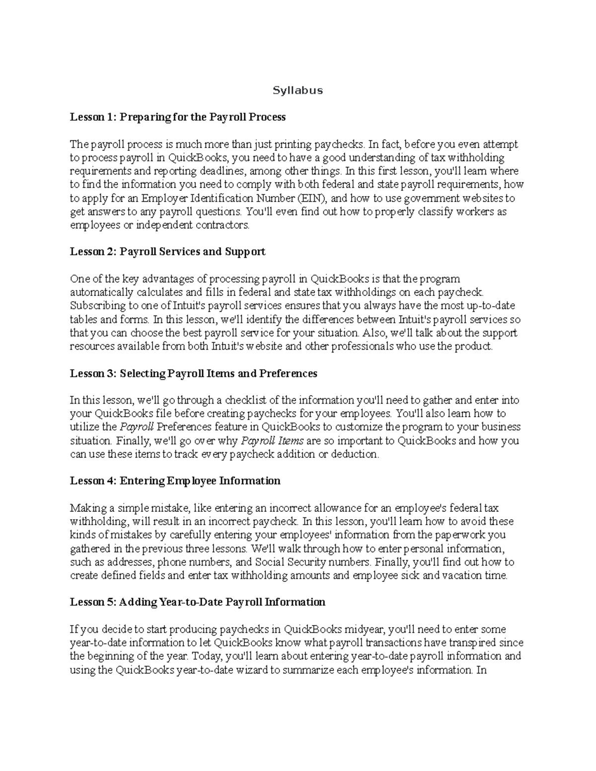 Lesson 1 Payroll - Lecture notes 1 - Syllabus Lesson 1: Preparing for ...
