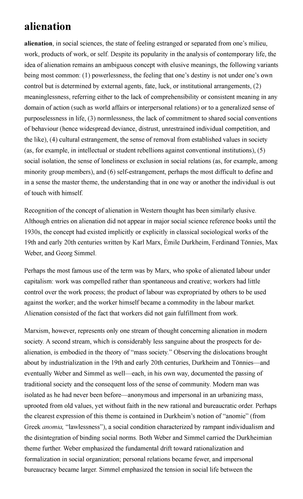 Alienation - Britannica Online Encyclopedia - alienation alienation, in ...