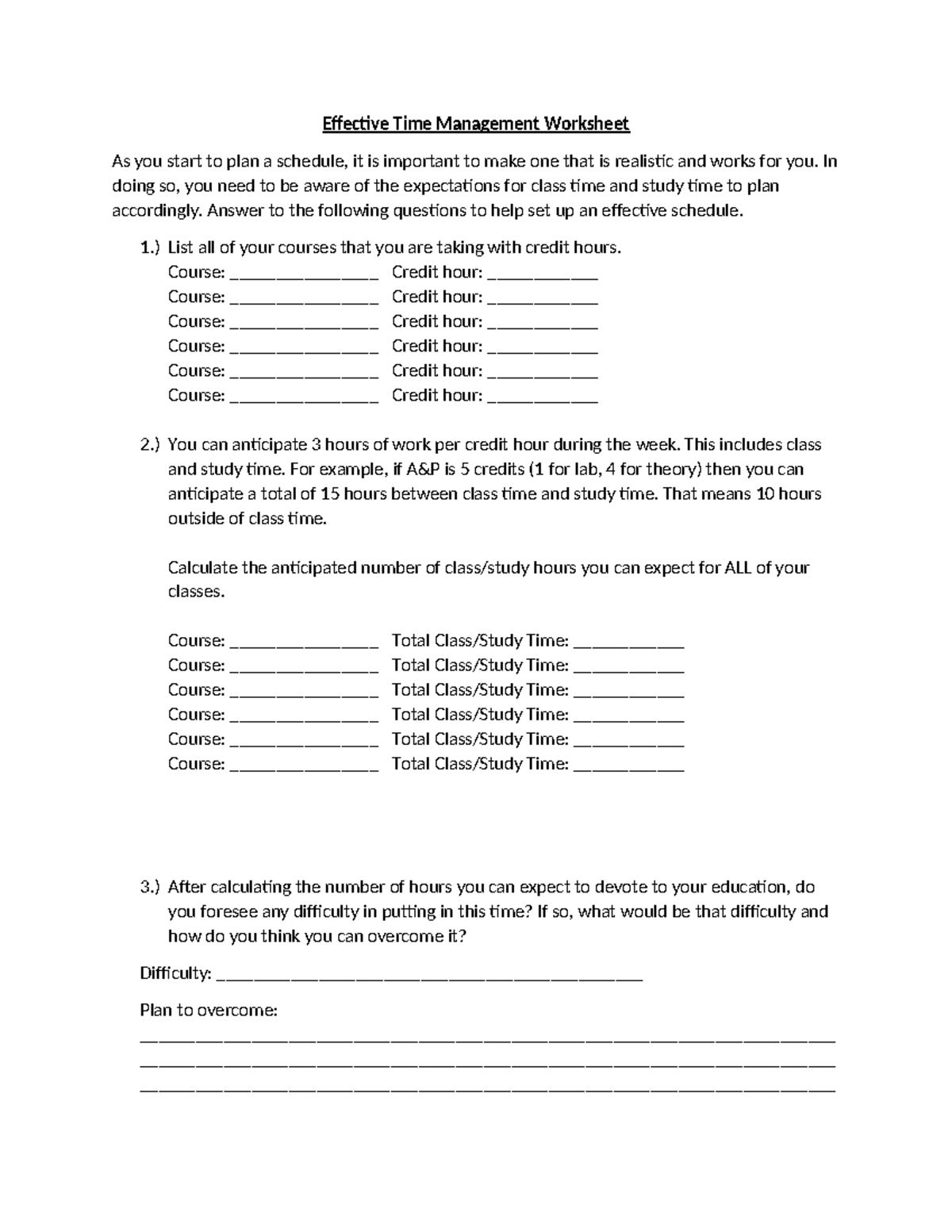 Effective Time Management Worksheet - In doing so, you need to be aware ...
