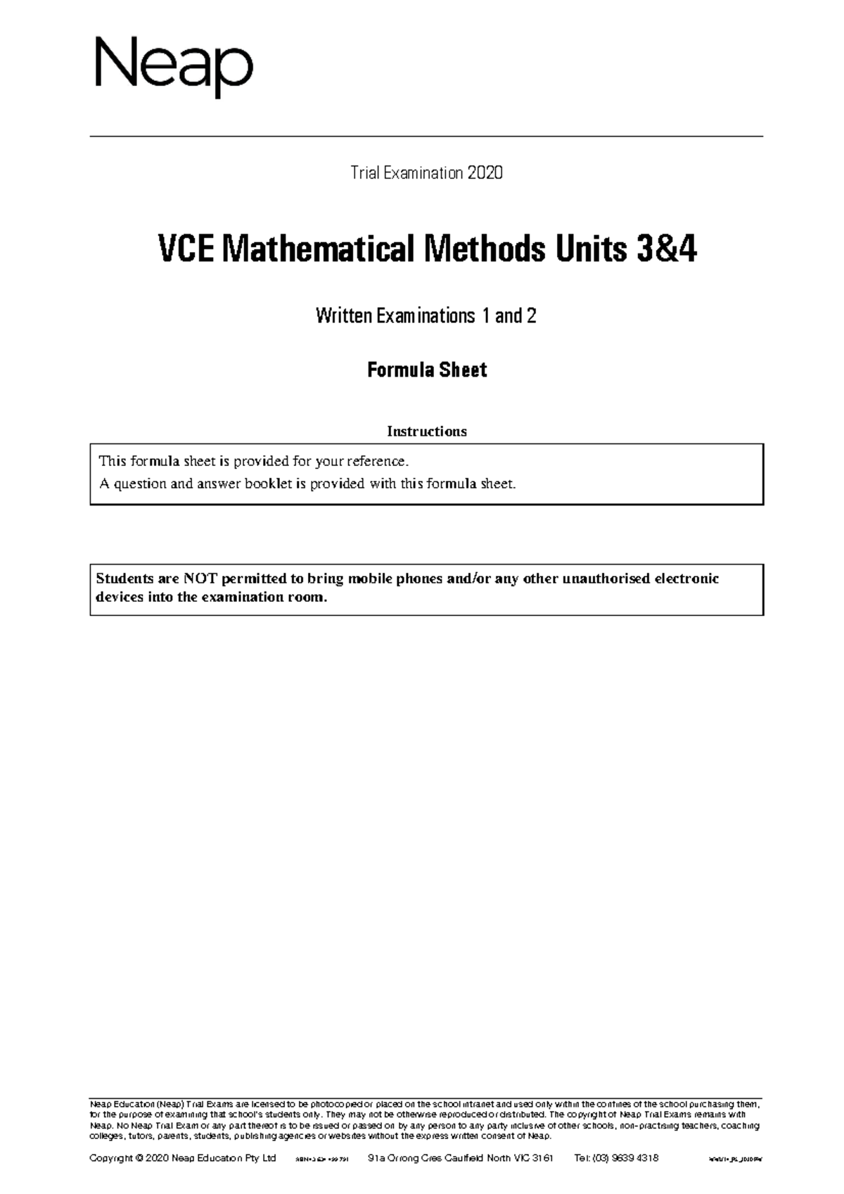 Maths Methods Units 3&4 Formula Sheet 2020 - Neap Education (Neap ...