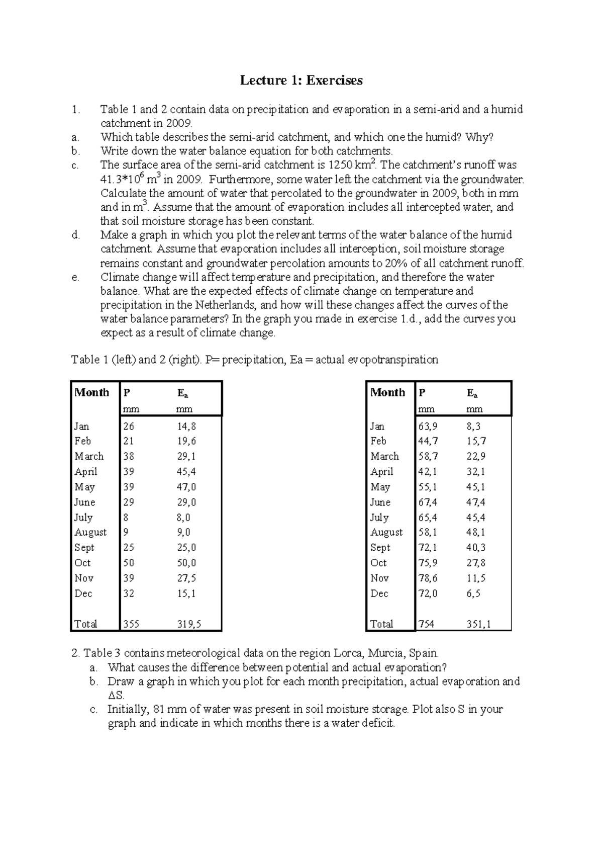 Lecture 1 exercises water management - Lecture 1: Exercises 1. a. b. c. d. e. Table 1 and 2 ...
