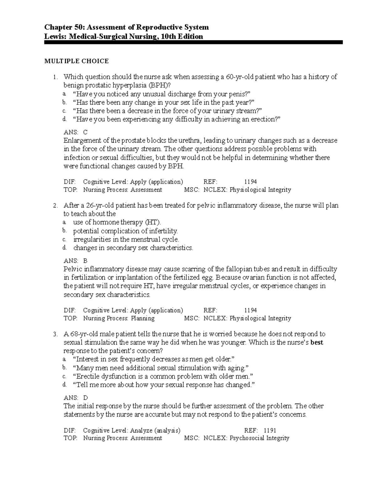 C50 - ch 50 test bank - Chapter 50: Assessment of Reproductive System ...