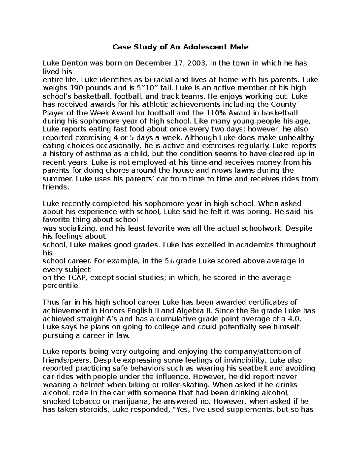 Case Study of An Adolescent Male - Luke identifies as bi-racial and ...